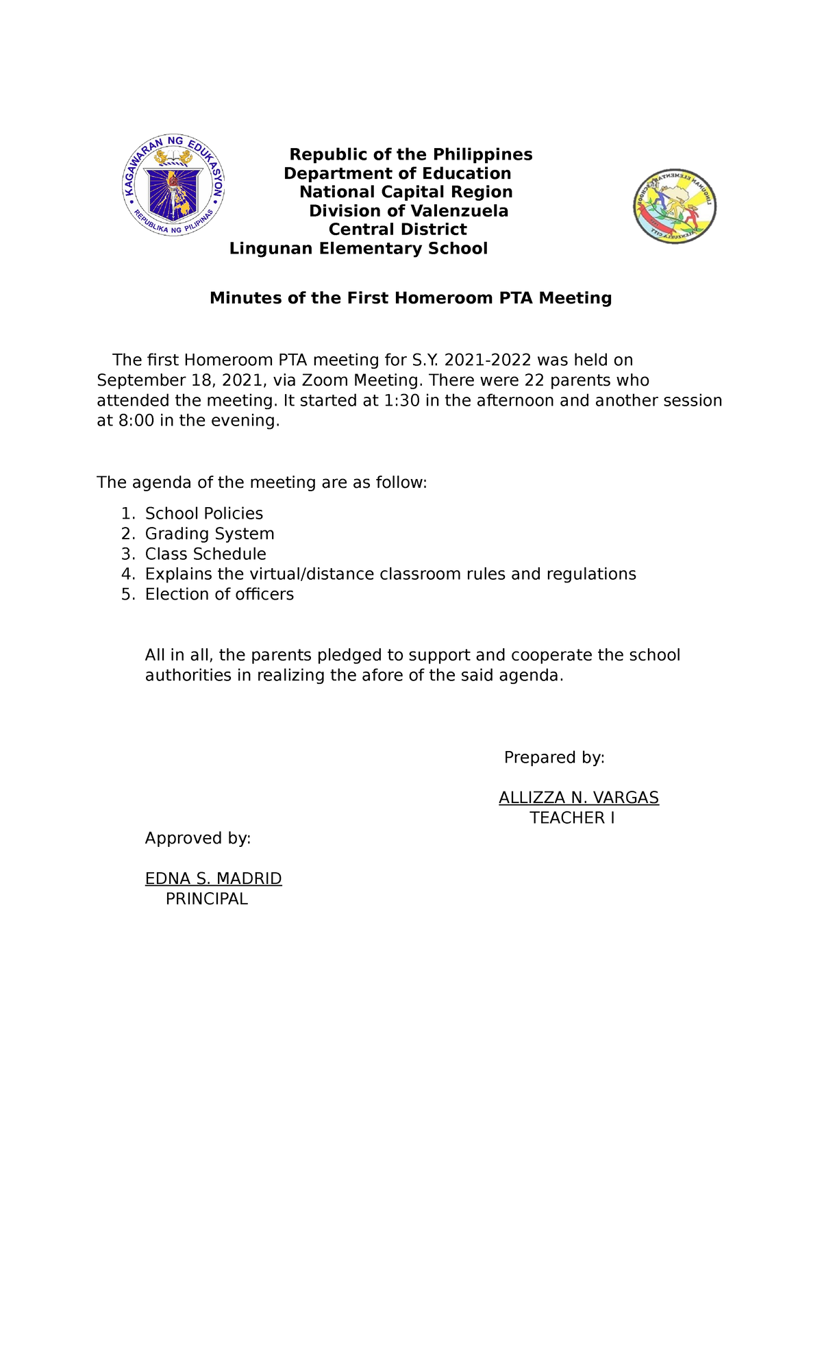Minutes OF THE Meeting - THIS IS FOR EDUCATION PURPOSE ONLY. - Republic ...