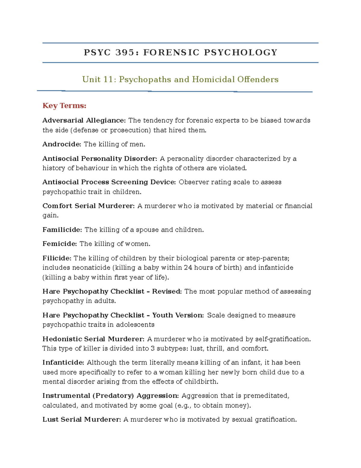 PSYC 395 - Unit 11 Notes - PSYC 395: FORENSIC PSYCHOLOGY Unit 11 ...