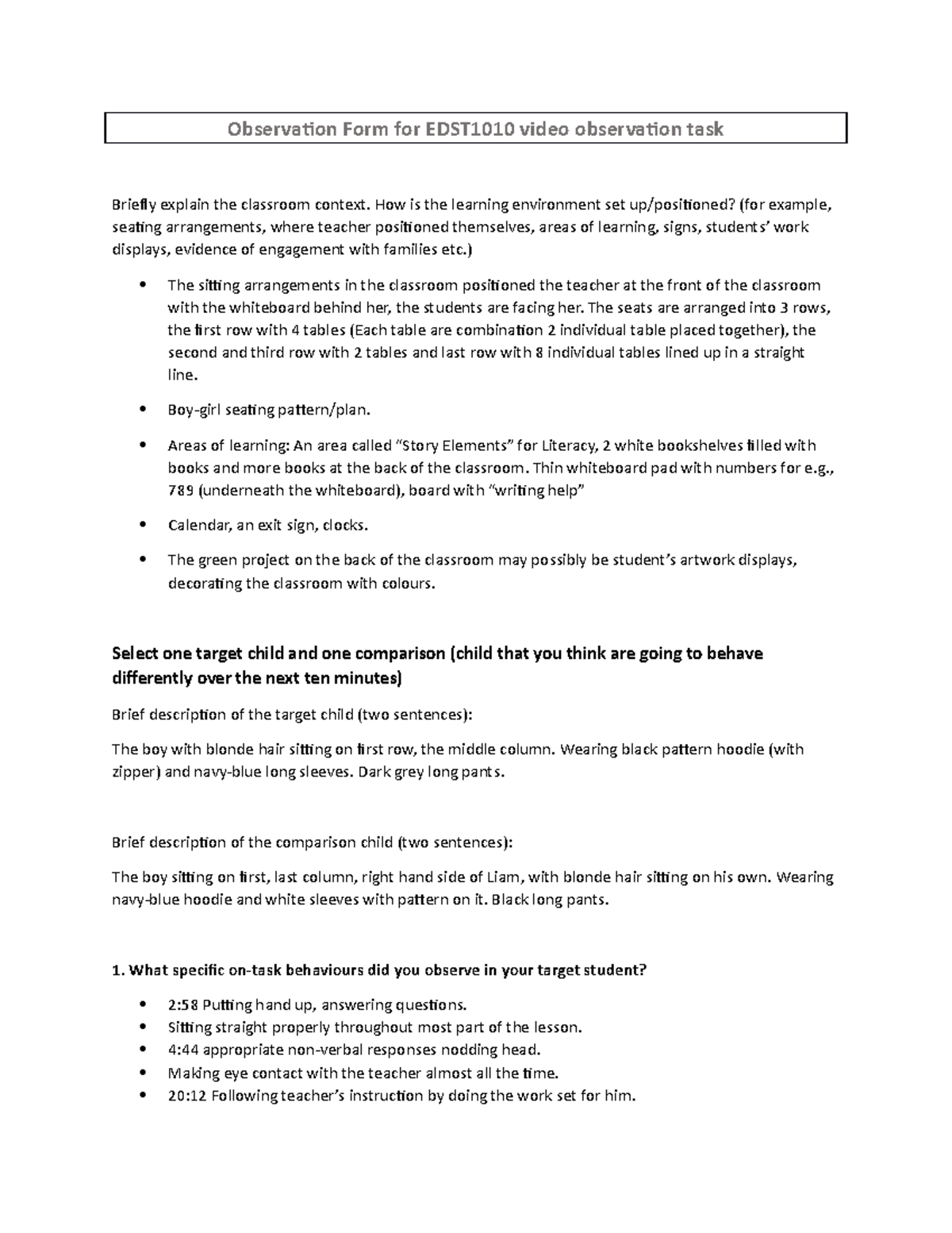 EDST1010 Observation Form 2021 no visits copy - Observation Form for ...
