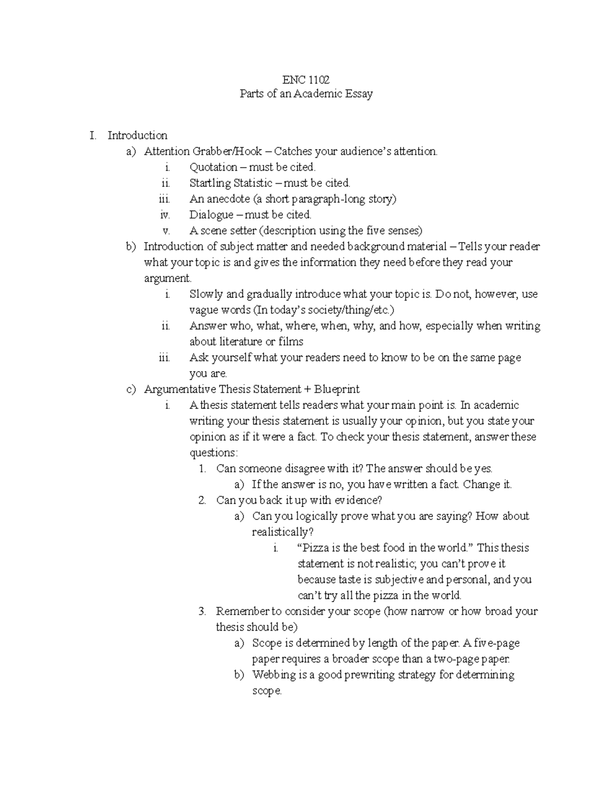 20203 a ENC1102 Parts of an Academic Essay - ENC 1102 Parts of an ...
