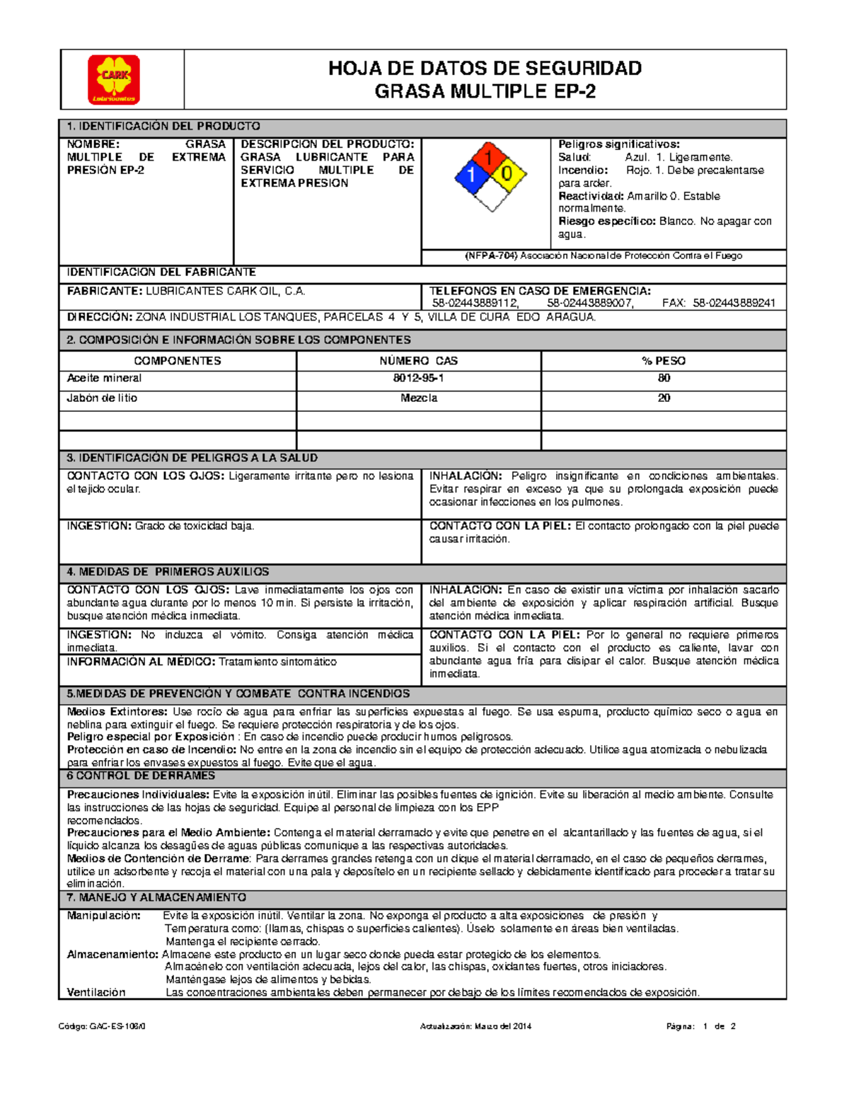 Grasa EP-2 - HDSM - HOJA DE DATOS DE SEGURIDAD GRASA MULTIPLE EP- 2 ...