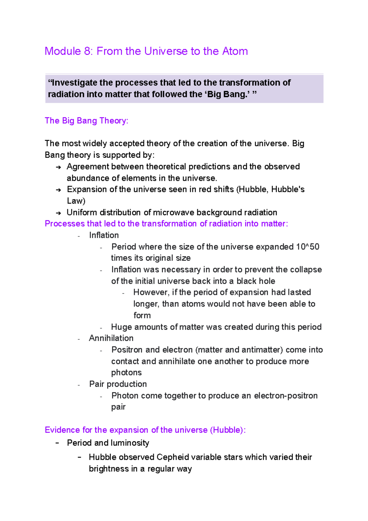 Mod 8 - Physics - Module 8: From the Universe to the Atom “Investigate ...