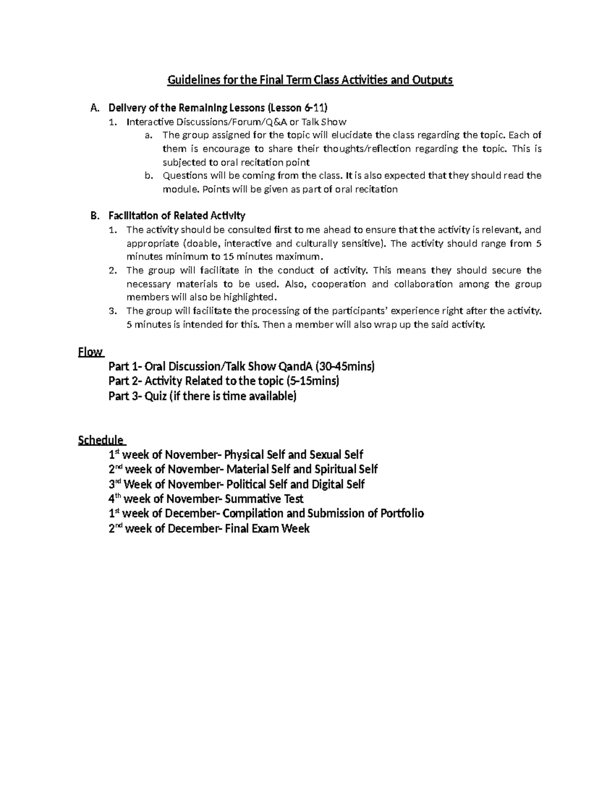 Guidelines for the Final Term Class Activities and Outputs - Delivery ...