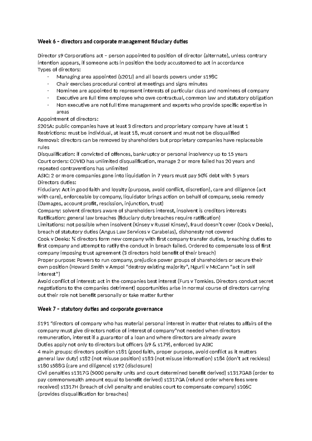 ACCG2051 Notes - Week 6 – directors and corporate management fiduciary ...