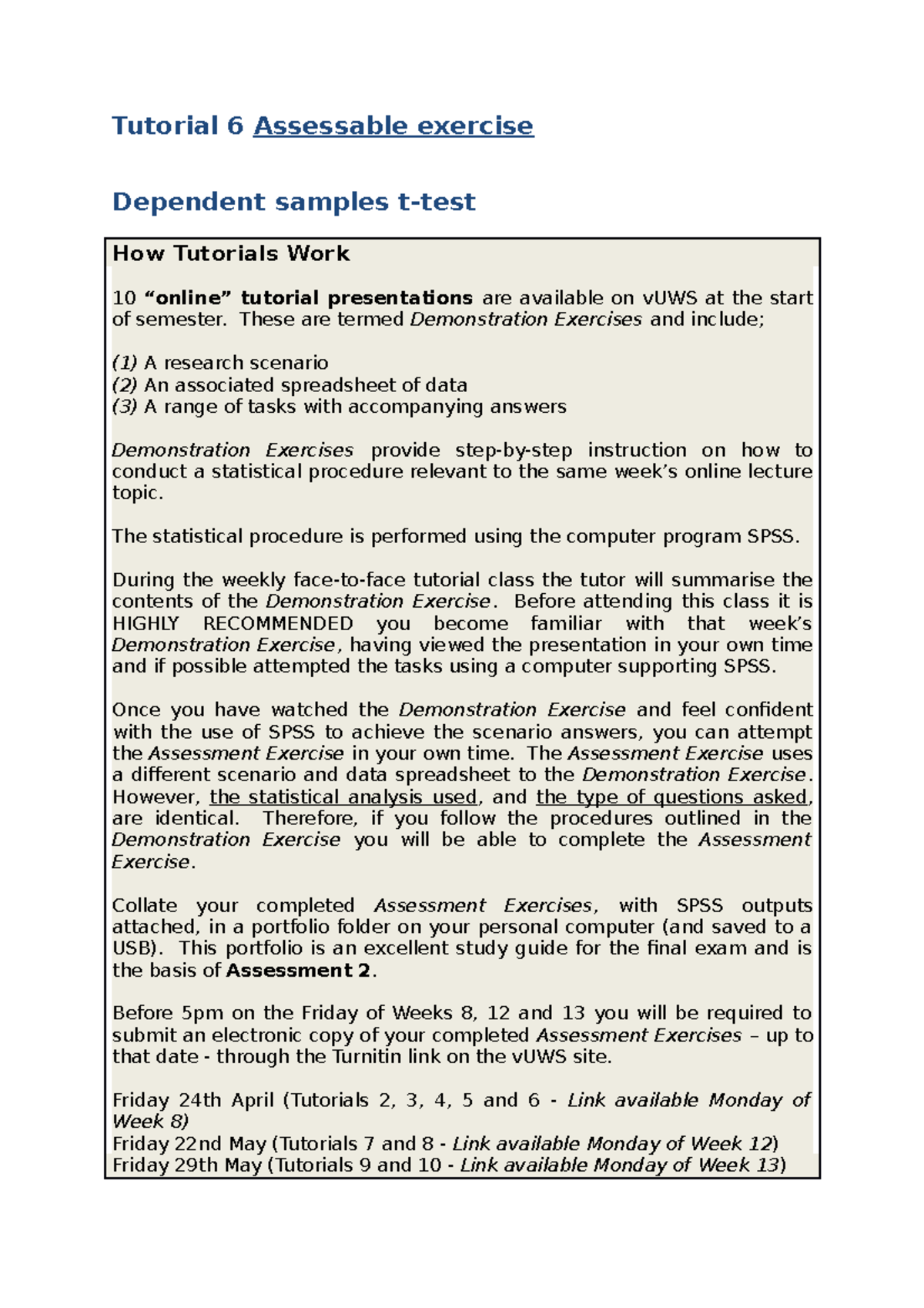 Answer sheet week 7 - Tutorial 6 Assessable exercise Dependent samples ...