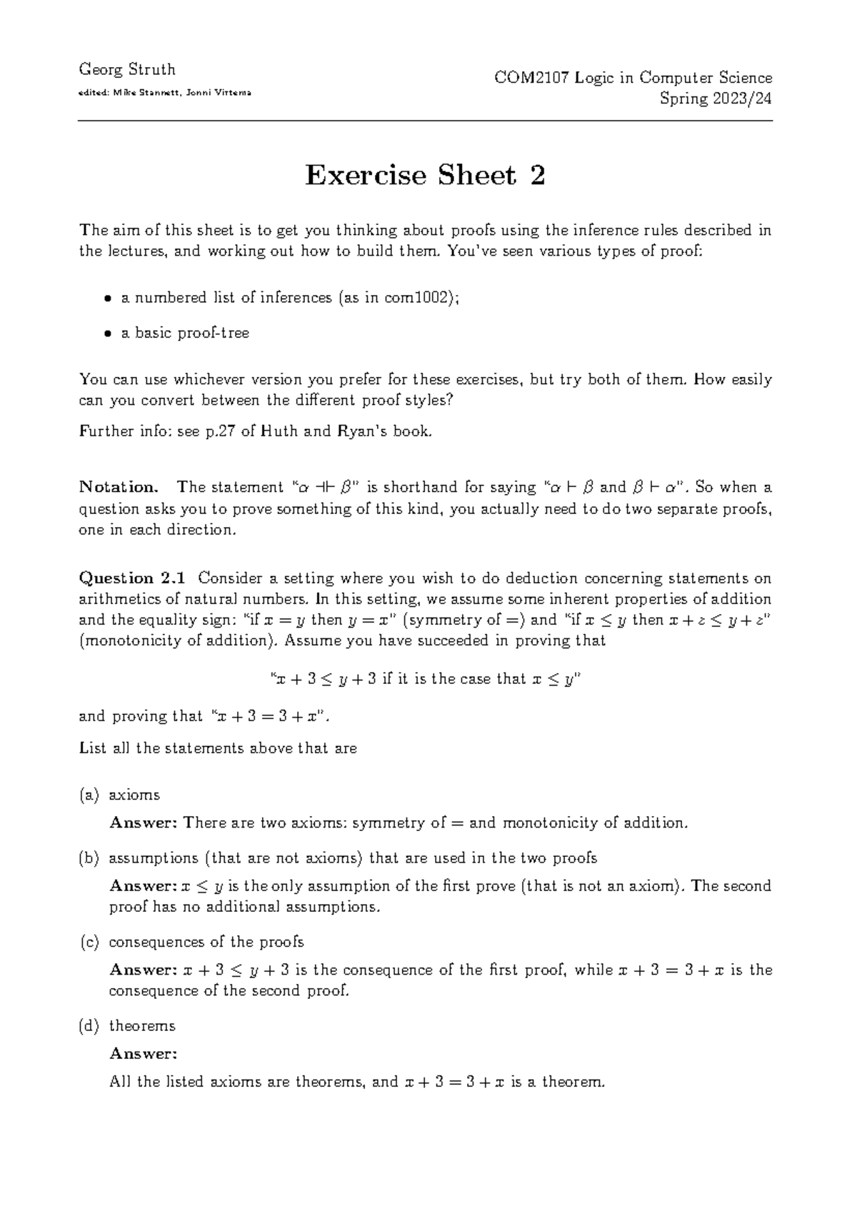 02 Exercise.pdf - Georg Struth edited: Mike Stannett, Jonni Virtema COM2107 Logic in Computer ...