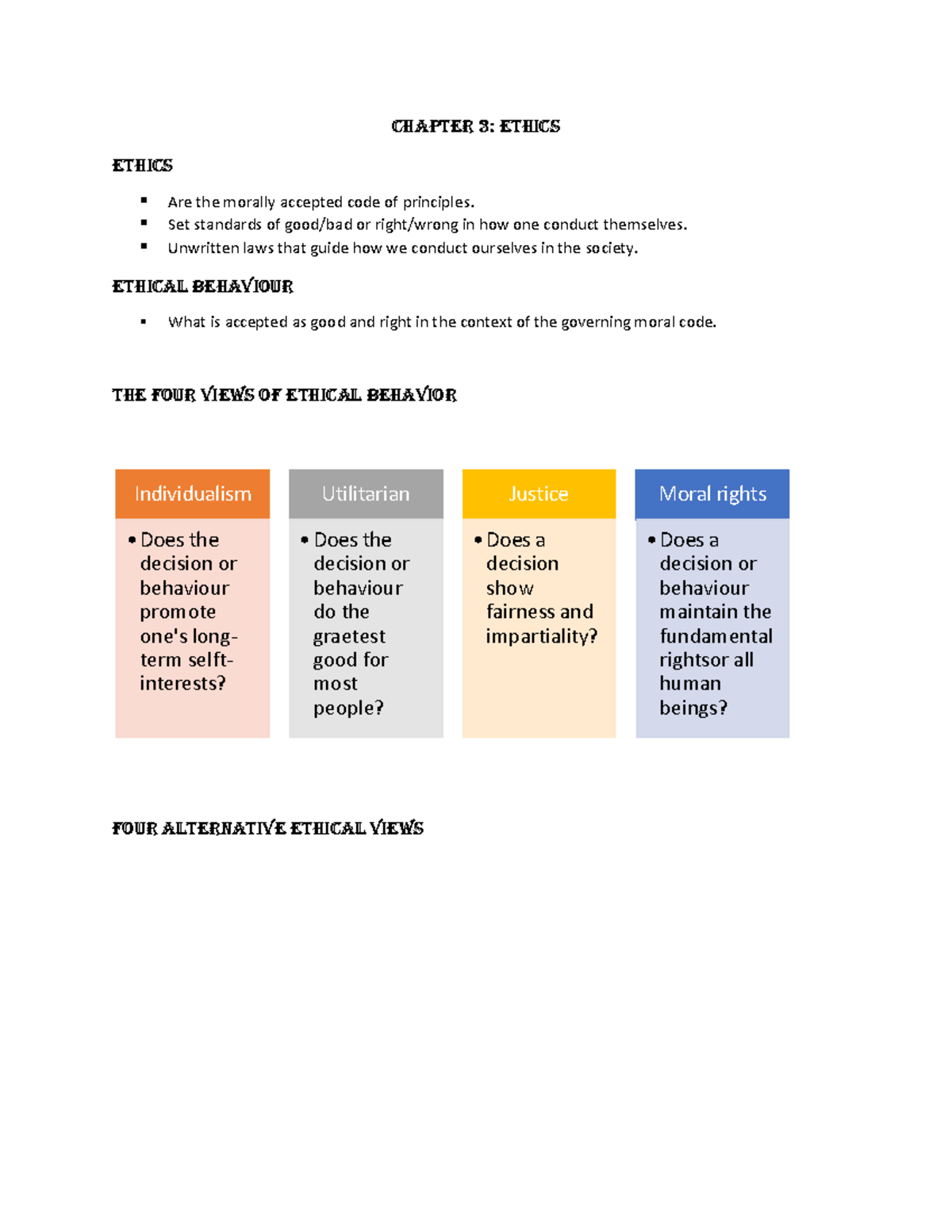 Chapter 3 ethics - CHAPTER 3: ETHICS Ethics Are the morally accepted code of principles. Set ...