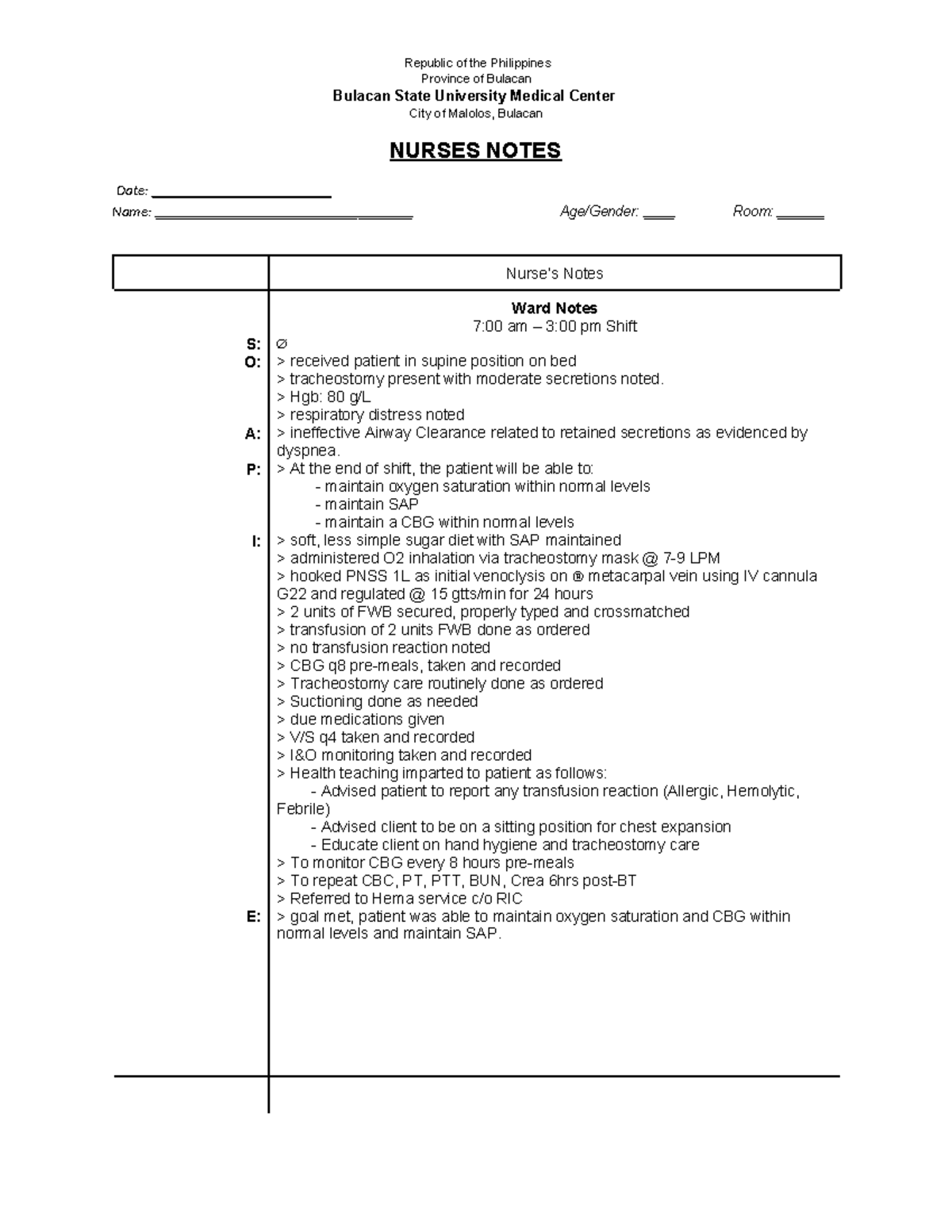 Nurses Notes Template Bulsu-CON - Republic of the Philippines Province ...