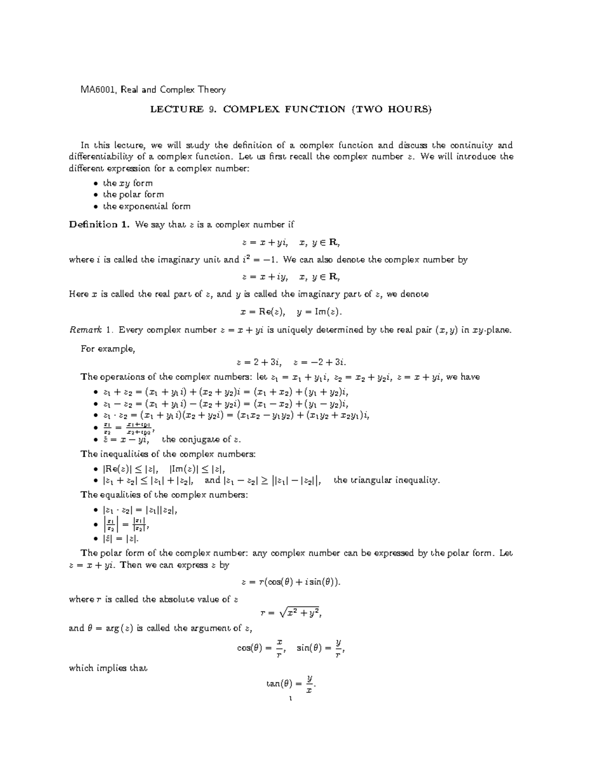 Lecture notes 9 - Real and Complex Function Theory - MA6001, Real and ...