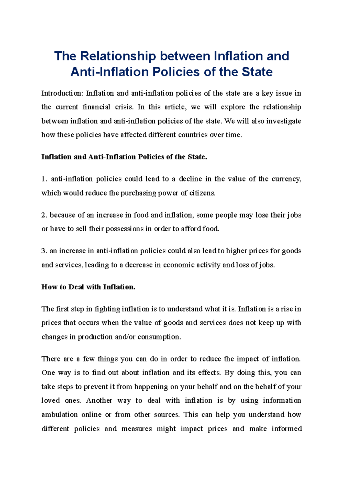 The Relationship between Inflation and Anti-Inflation Policies of the ...