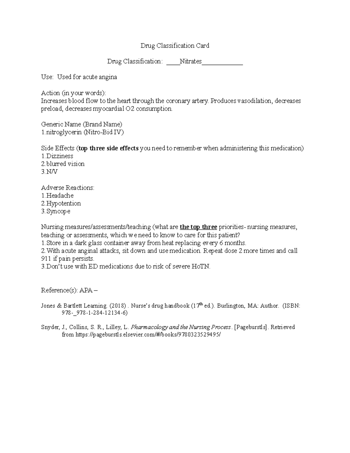 Nitrates - Drug Classification Card Drug Classification: Nitrates ...