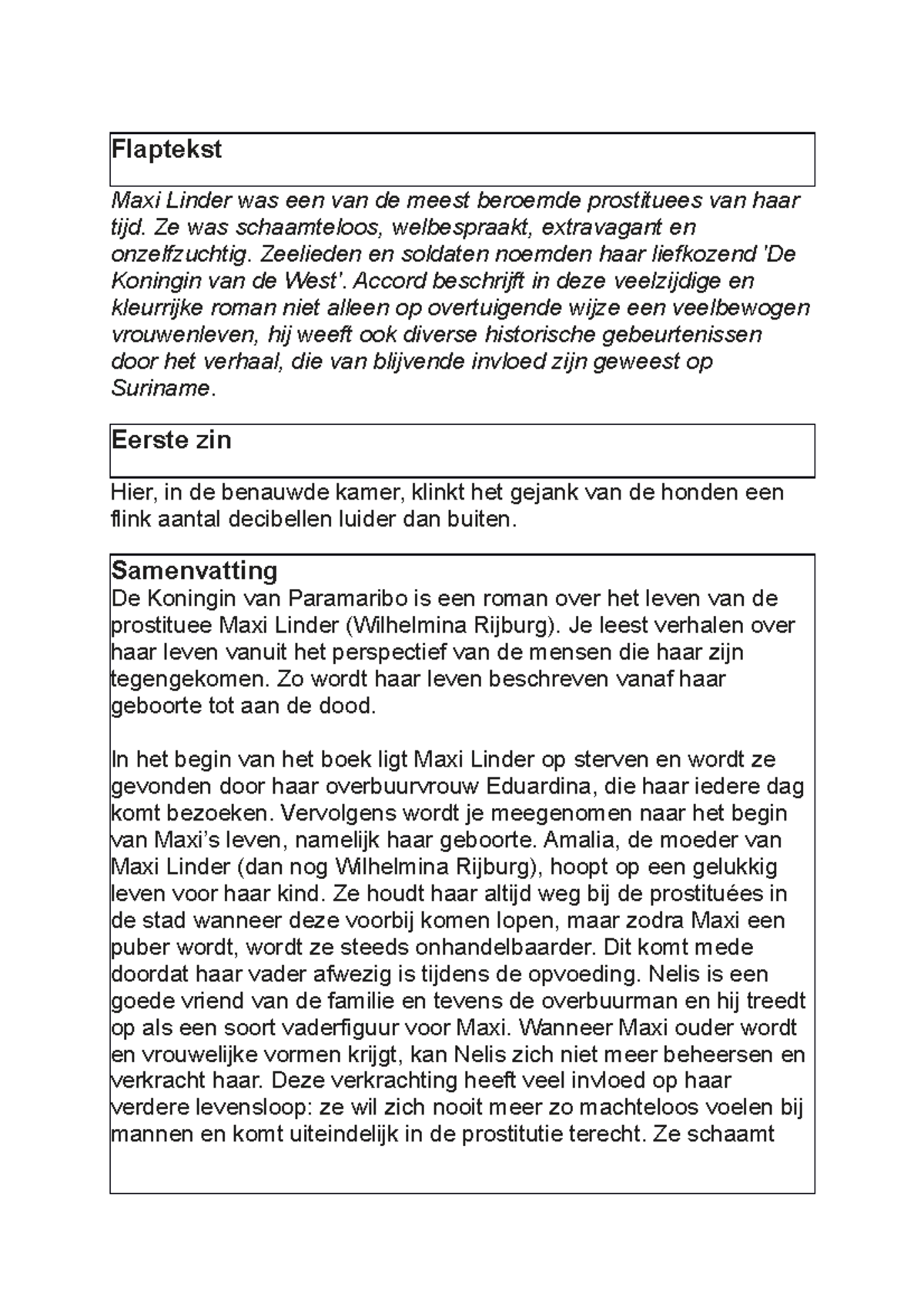 Samenvatting koningin van paramaribo - Flaptekst Maxi Linder was een ...