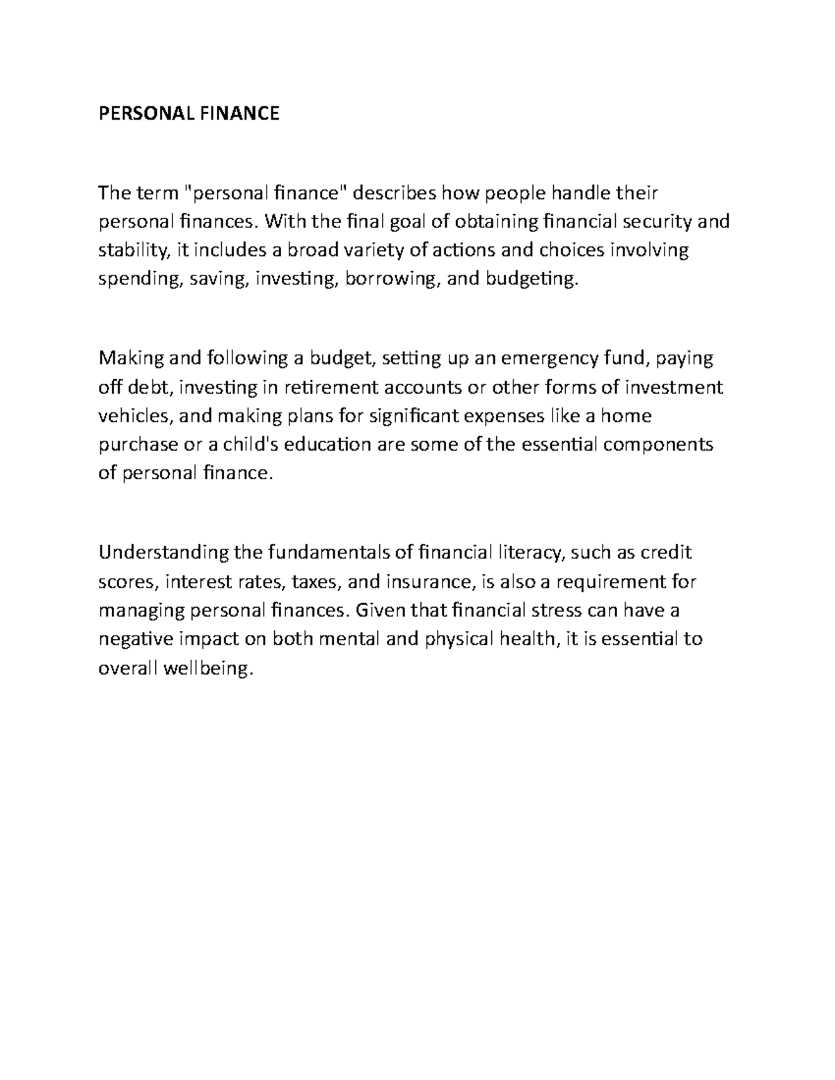 Personal Finance - NOTES - PERSONAL FINANCE The term "personal finance ...