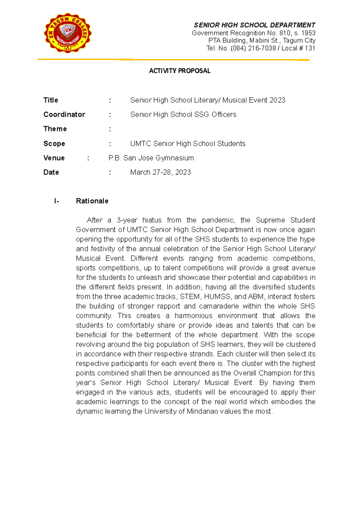 Ssg-proposal - N/A - Government Recognition No. 810, s. 1953 PTA ...
