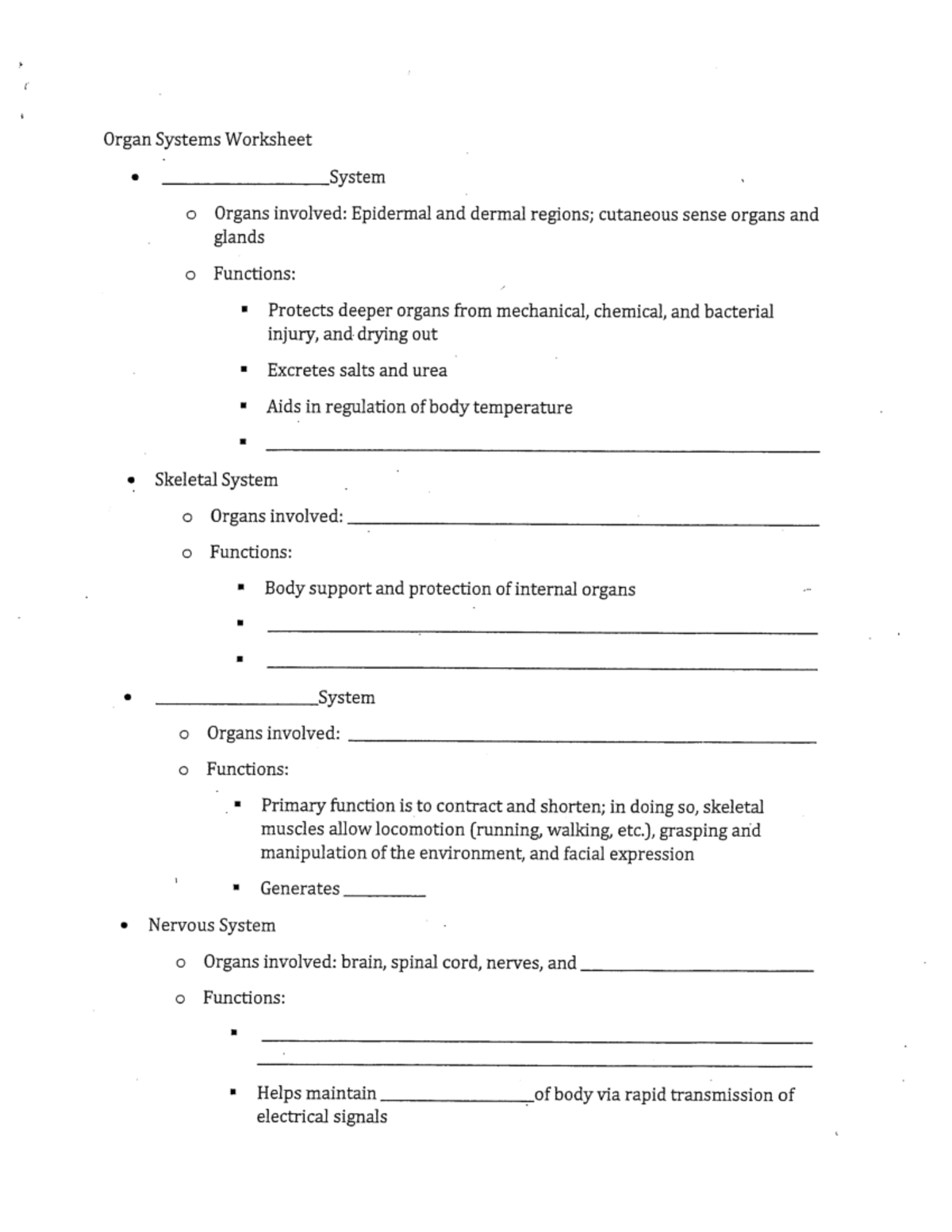 Organ System Worksheet - BSC 2085C - Studocu