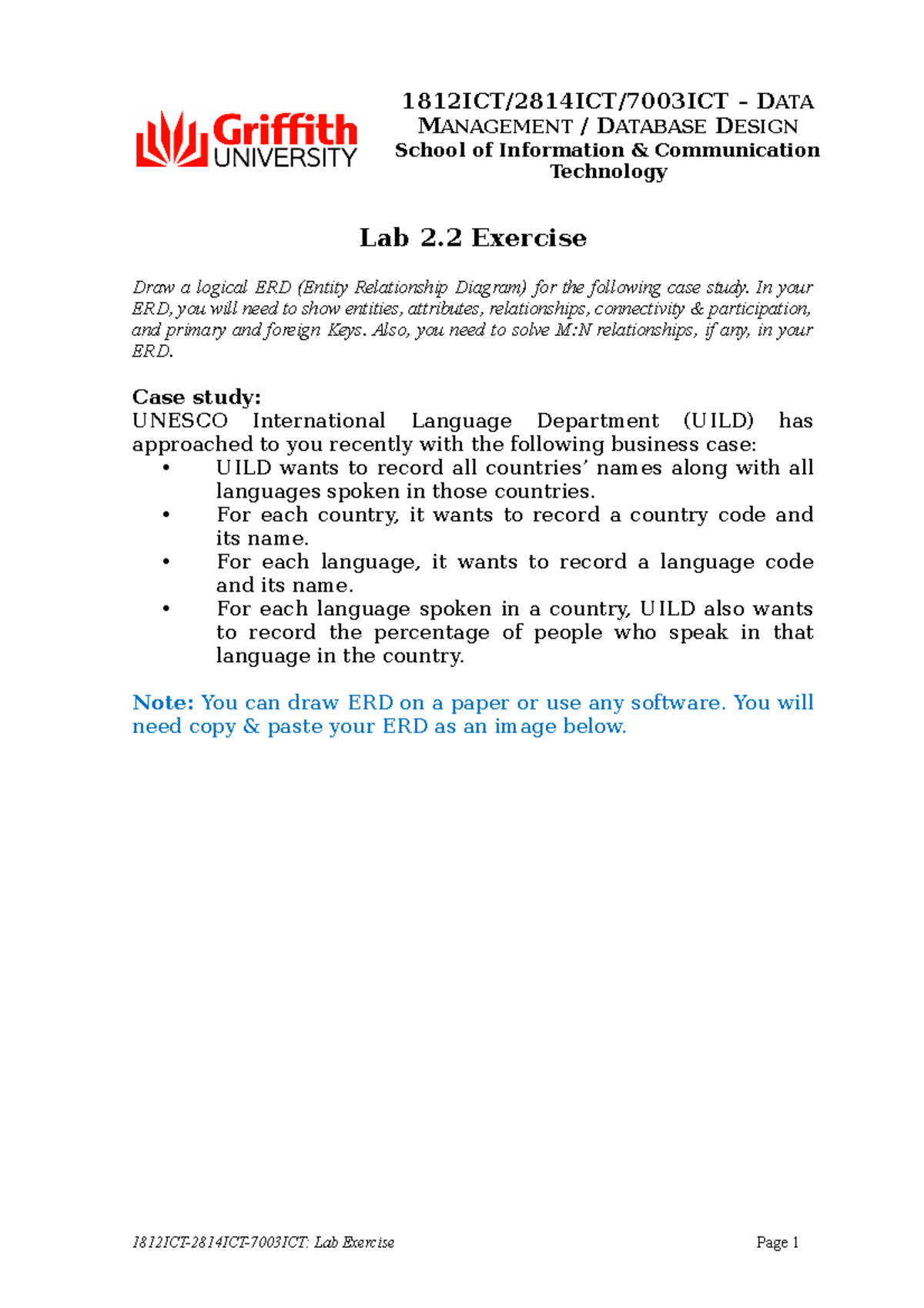 Lab 2.2 Exercise - 1812ICT/2814ICT/7003ICT – DATA MANAGEMENT / DATABASE ...