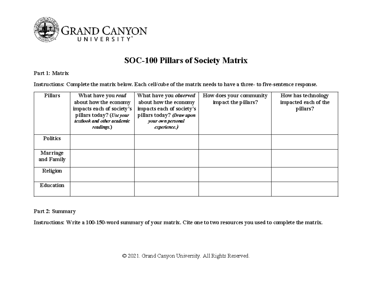 SOC-100 - SOC-100 Matrix - SOC-100 Pillars of Society Matrix Part 1 ...