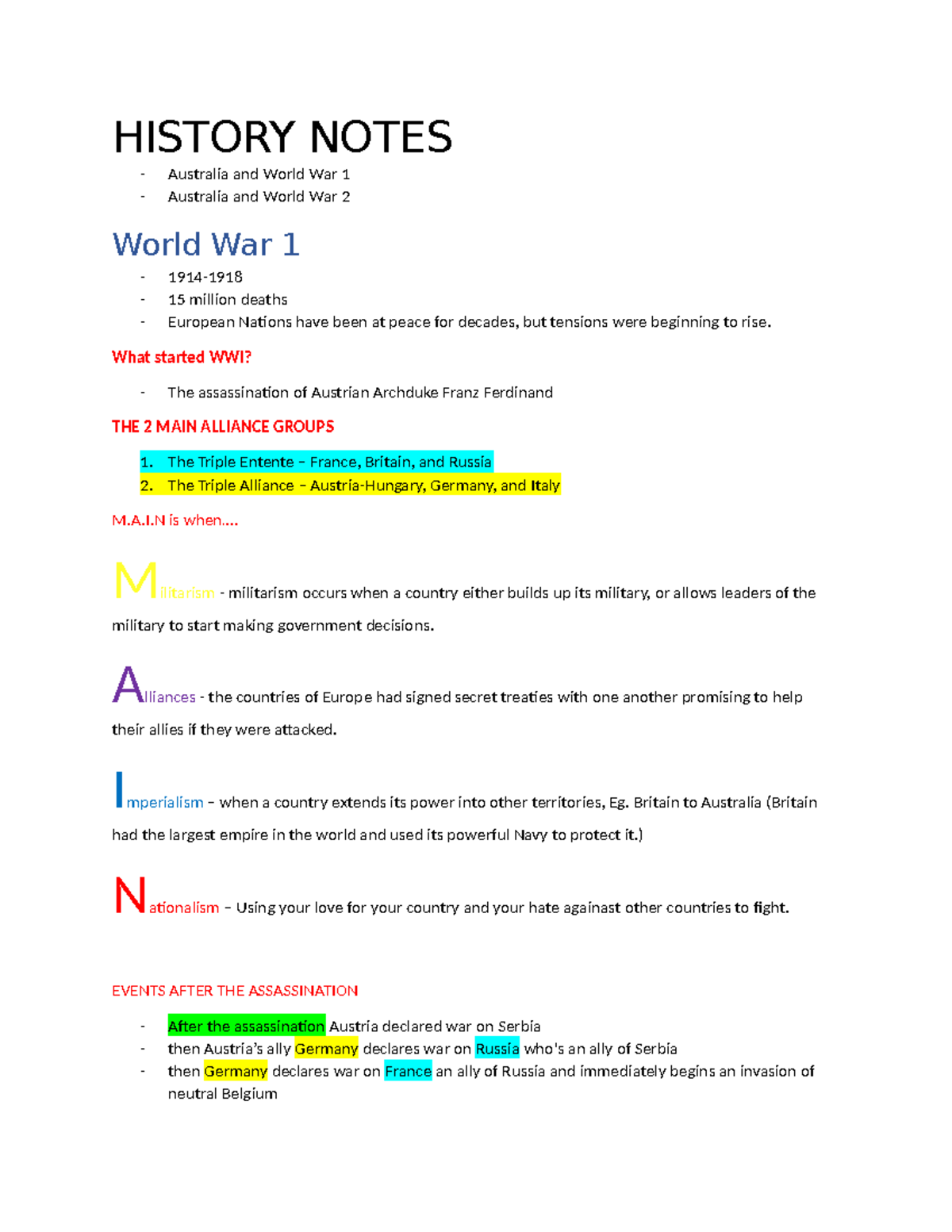 History yearly notes - HISTORY NOTES Australia and World War 1 ...