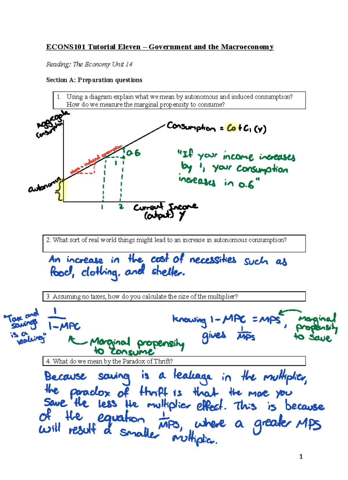 Week 14 - ECO Tutorial - 1 ECONS101 Tutorial Eleven – Government and the Macroeconomy Reading ...