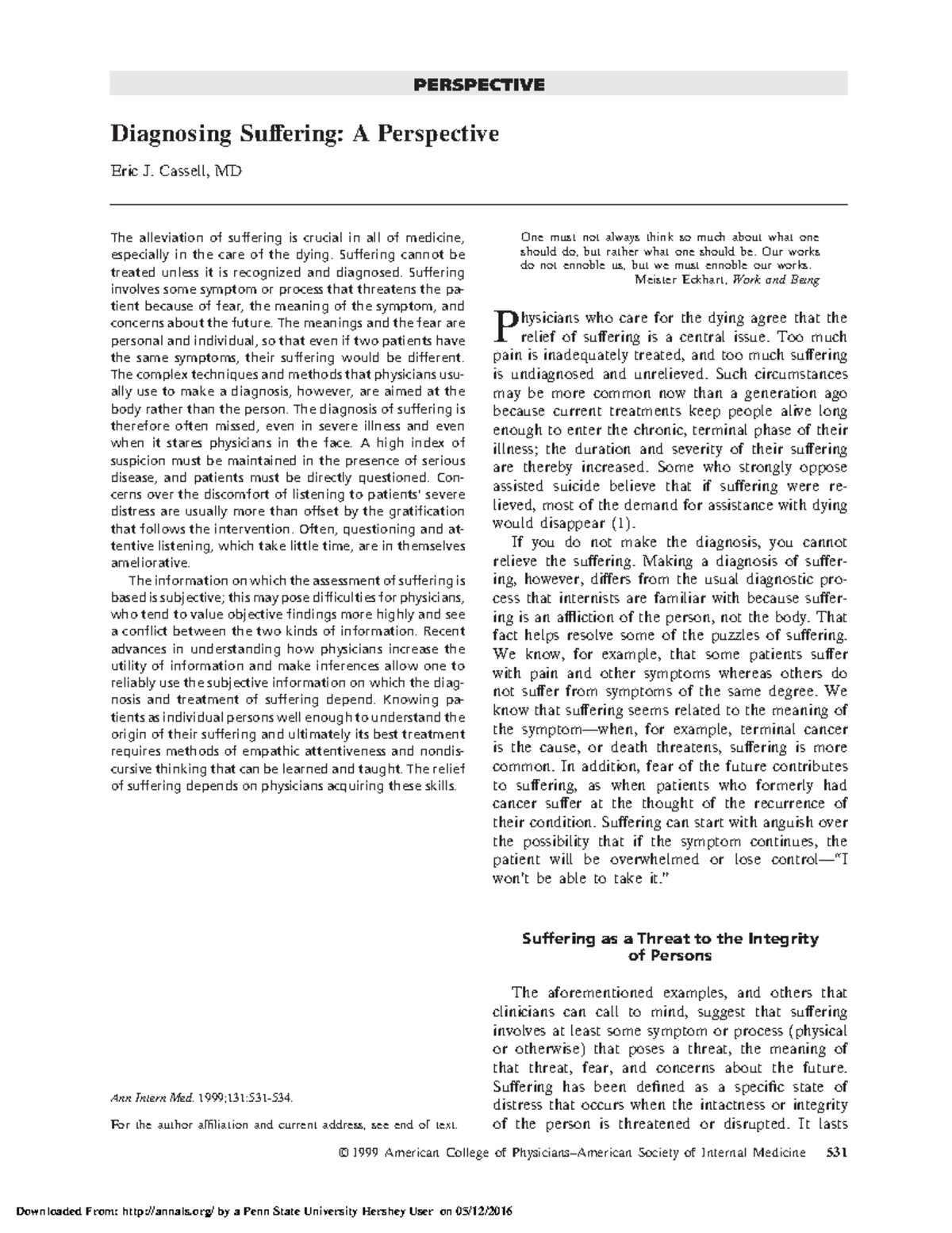 Diagnosing suffering - PERSPECTIVE Diagnosing Suffering: A Perspective Eric J. Cassell, MD The ...