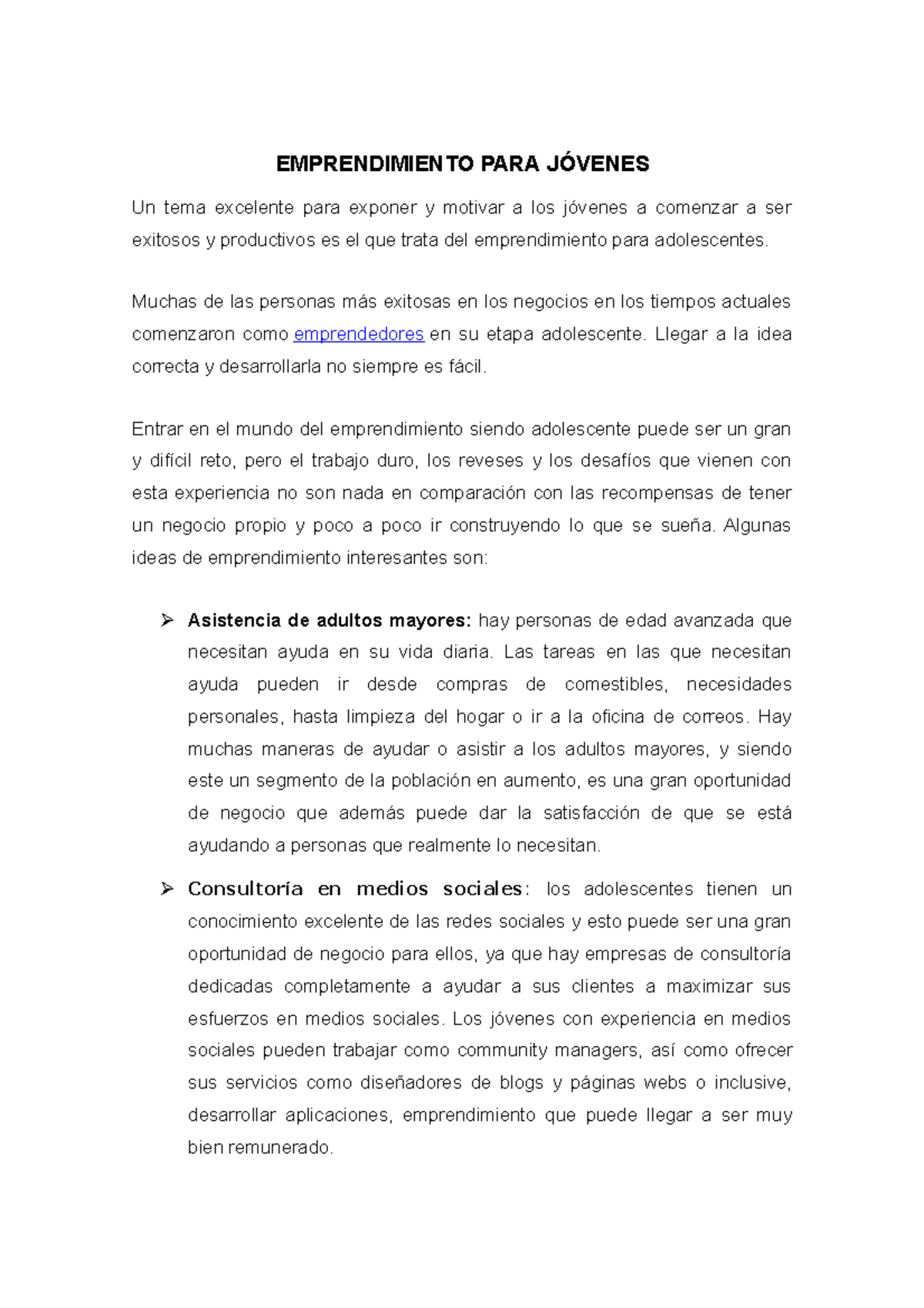 Discurso academico - Nota: 7,5 A - EMPRENDIMIENTO PARA JÓVENES Un tema ...