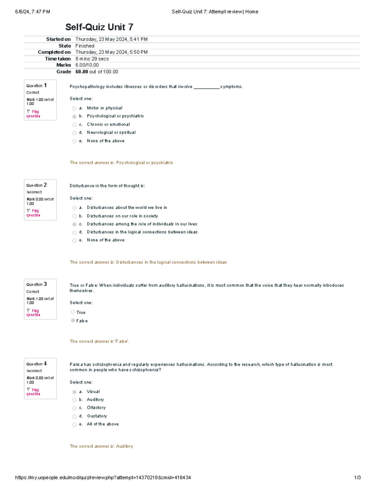 HS 4241 Self-Quiz Unit 7 - Question 1 Correct Mark 1 out of 1. Flag question Question 2 ...