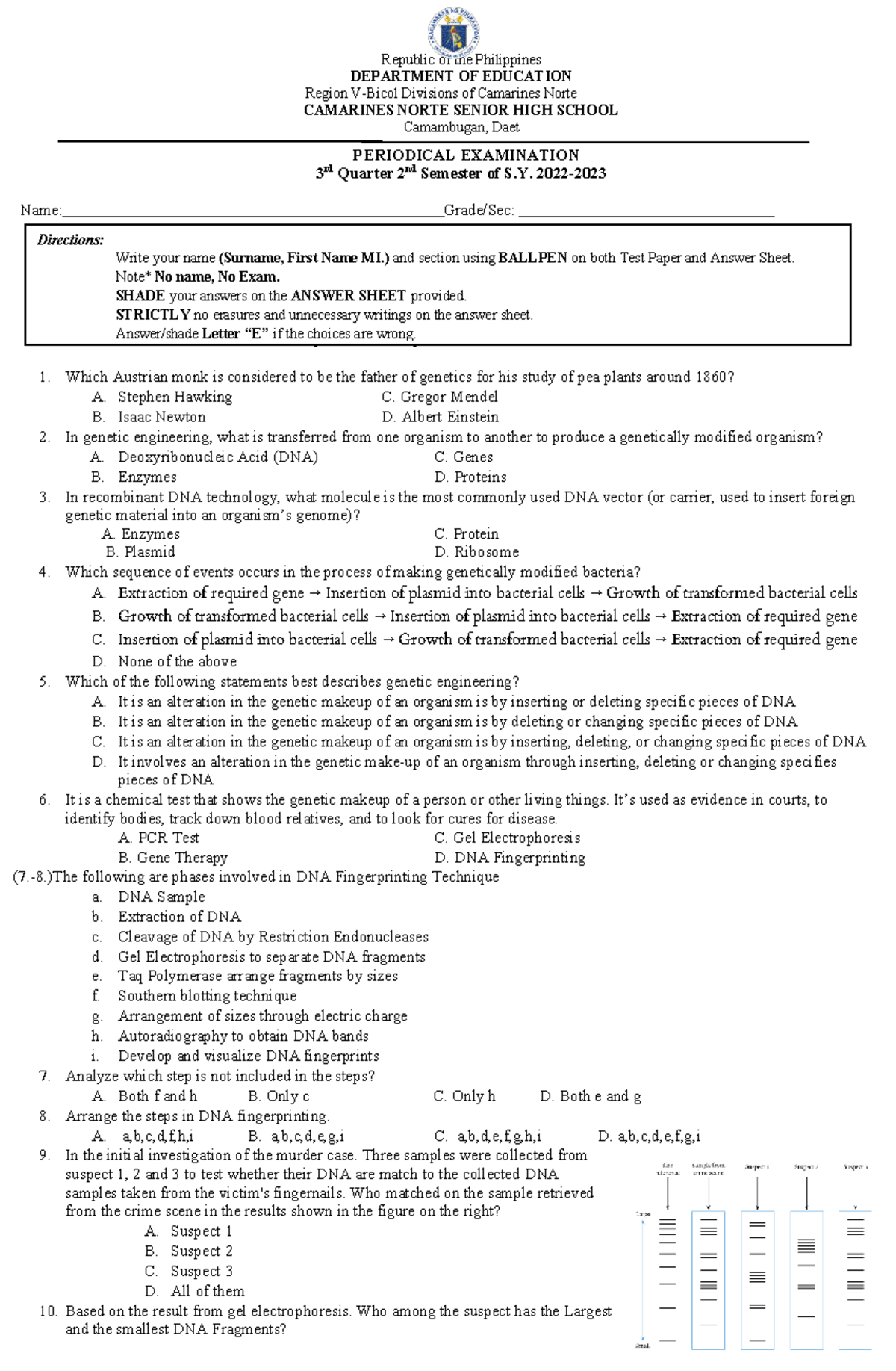 3rd Quarter 2nd Sem Periodical Exam Biology - Republic of the ...