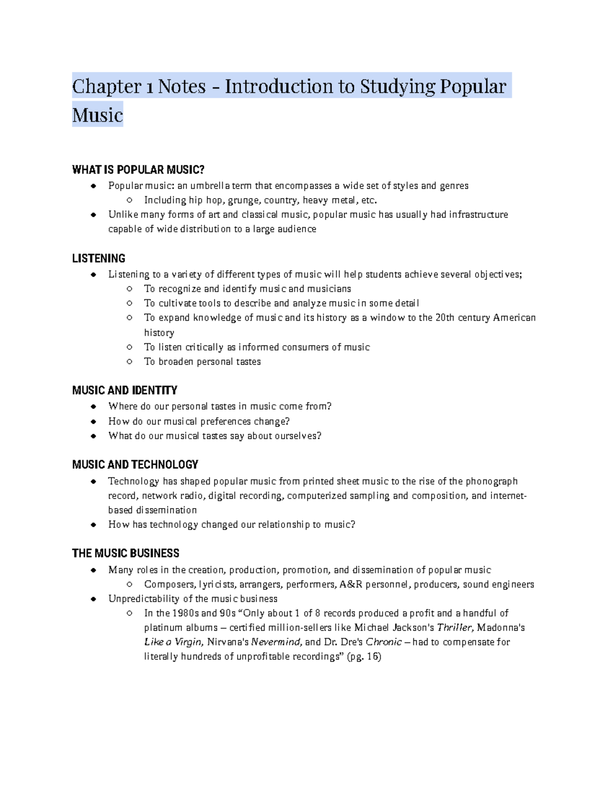 Lectures 1-10 music notes - Chapter 1 Notes - Introduction to Studying ...
