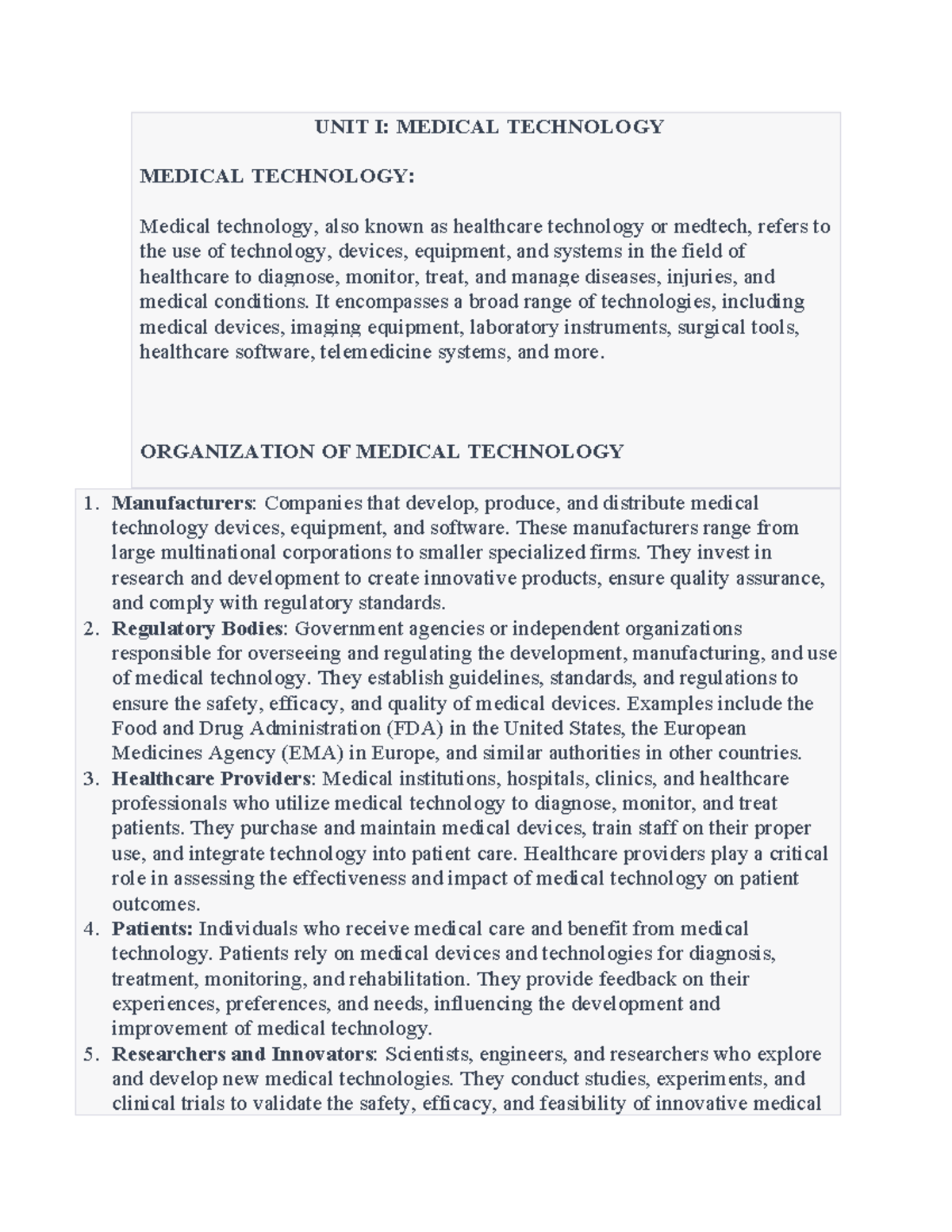 UNIT I medical technology - UNIT I: MEDICAL TECHNOLOGY MEDICAL ...