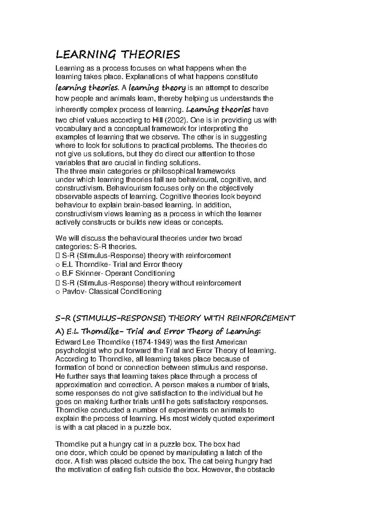 Lecture 2- Learning Theories - LEARNING THEORIES Learning as a process ...