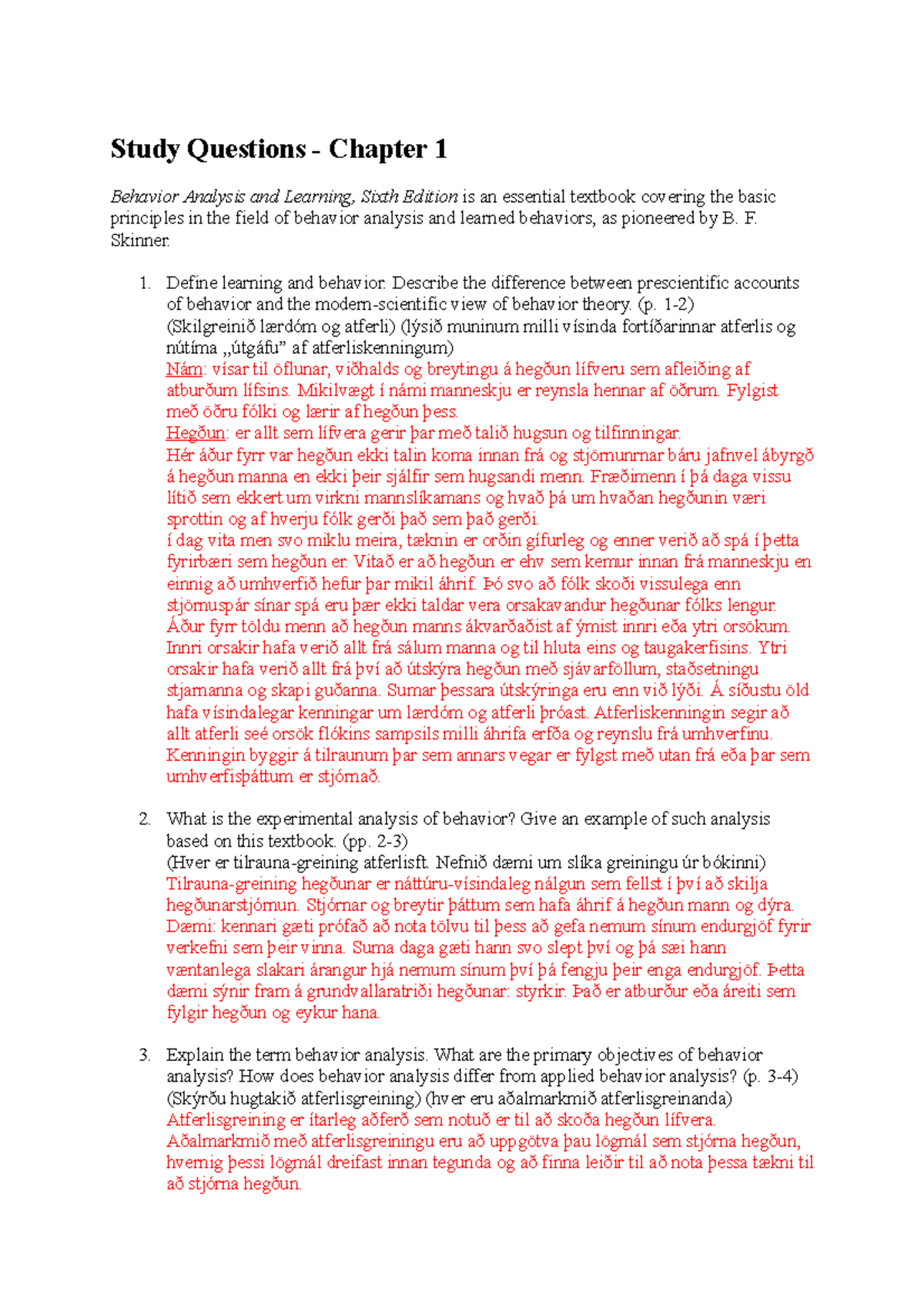 Hegðunar og námsfræði spurningarnar - Study Questions - Chapter 1 Behavior Analysis and Learning ...