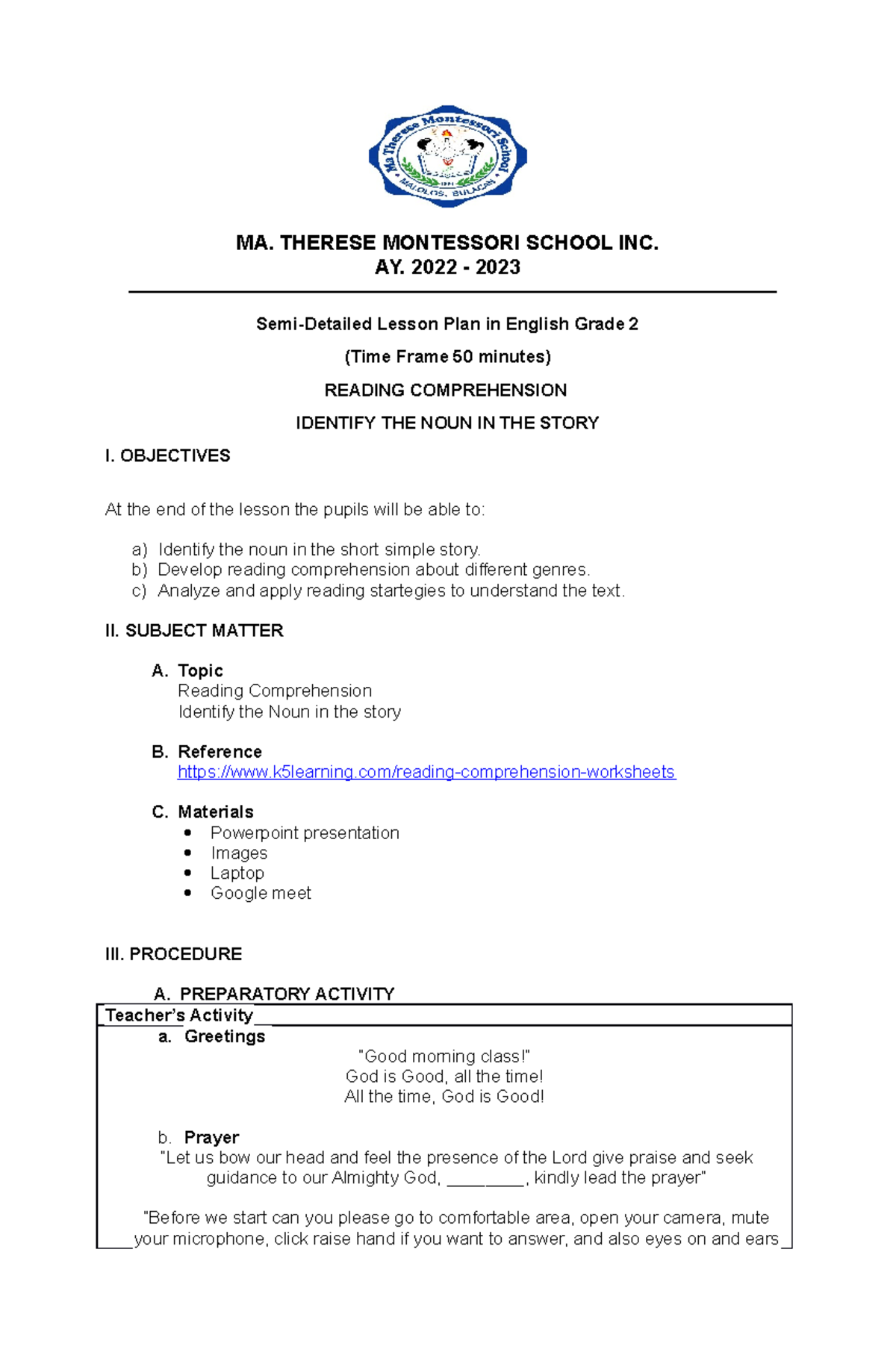 Detailed Lesson Plan in English Grade 2 - MA. THERESE MONTESSORI SCHOOL ...