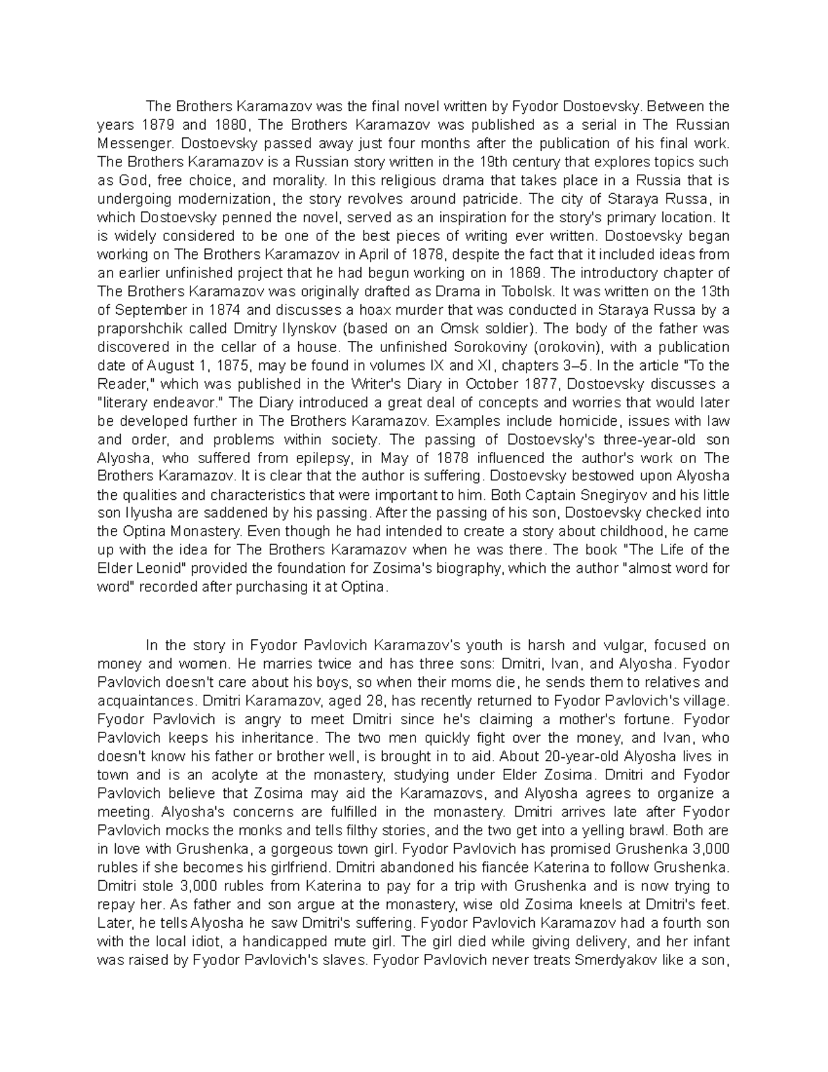 1 - Essay - The Brothers Karamazov was the final novel written Fyodor ...