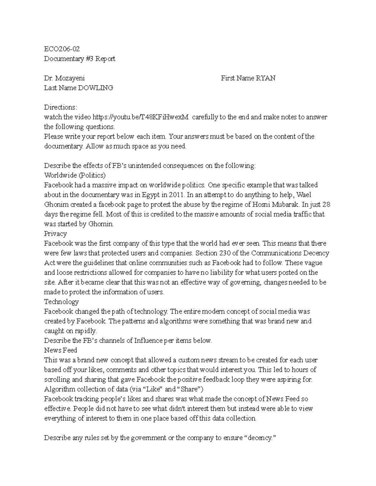 Micro Review Sheet - ECO206- Documentary #3 Report Dr. Mozayeni First ...