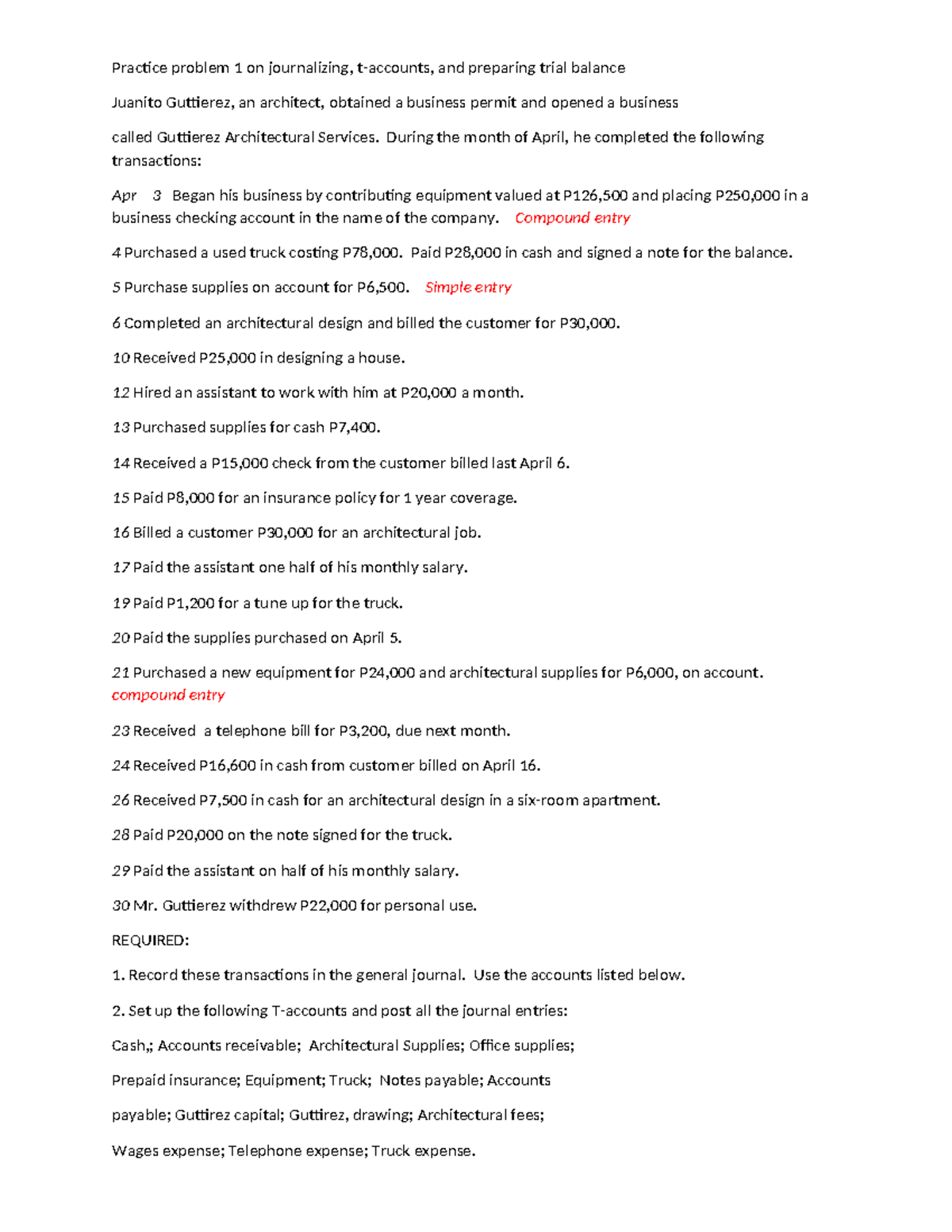 Practice problem on journalizing - Practice problem 1 on journalizing ...