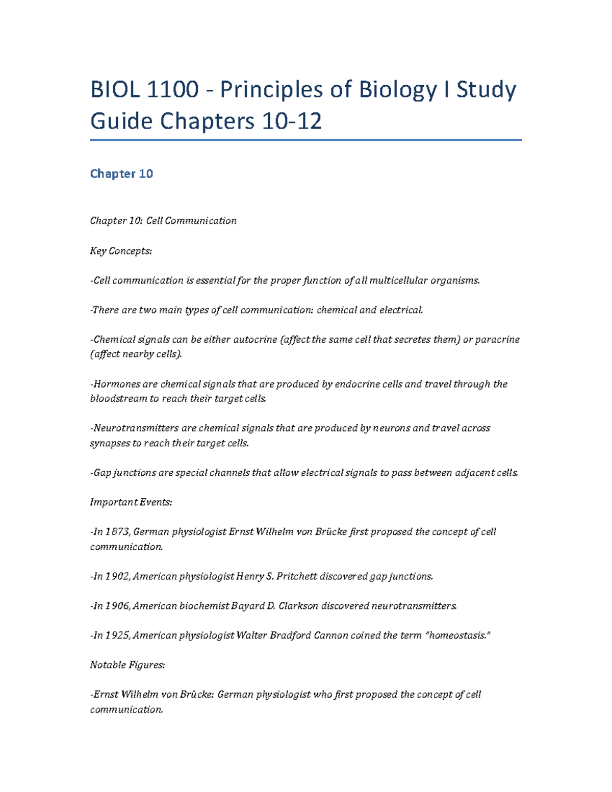 BIOL 1100 - Principles of Biology I Study Guide Chapters 10-12 -There ...