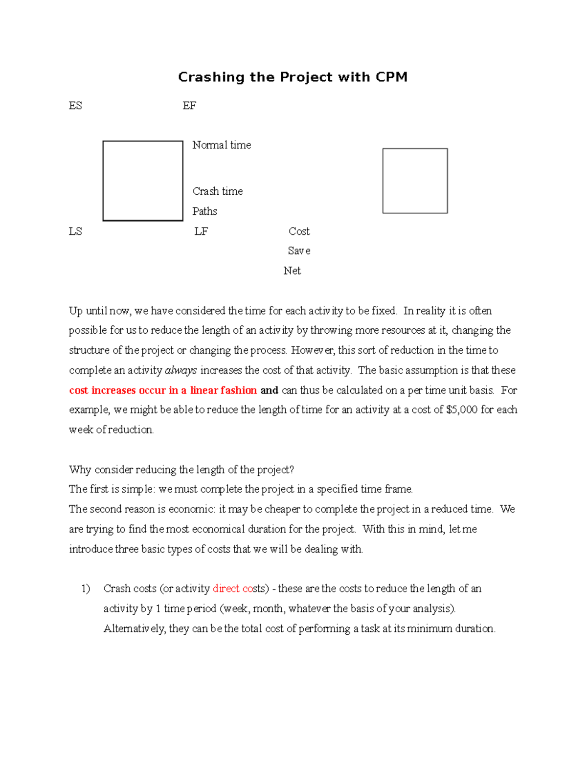 Crashing and Pert Lecture note - Crashing the Project with CPM ES EF ...