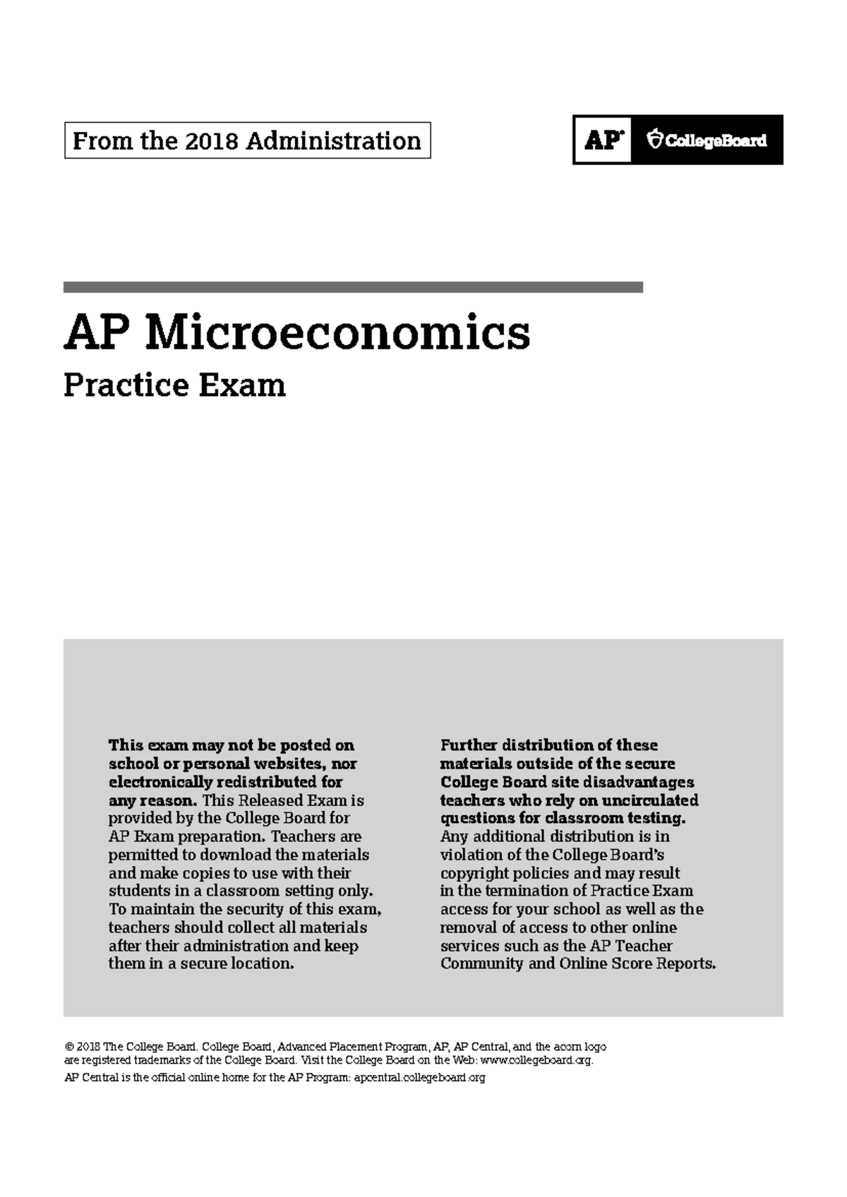 AP Micro 2018 - pracite test - APMicroeconomics Practice Exam From the ...