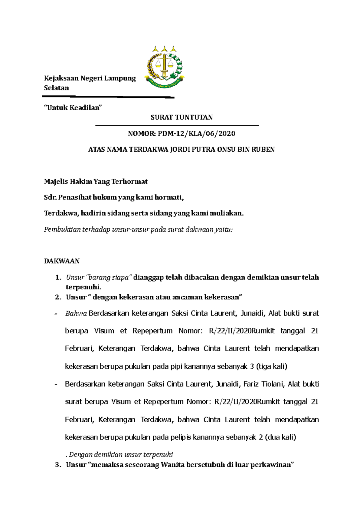 Contoh Skrip Surat Tuntutan - Kejaksaan Negeri Lampung Selatan “Untuk ...