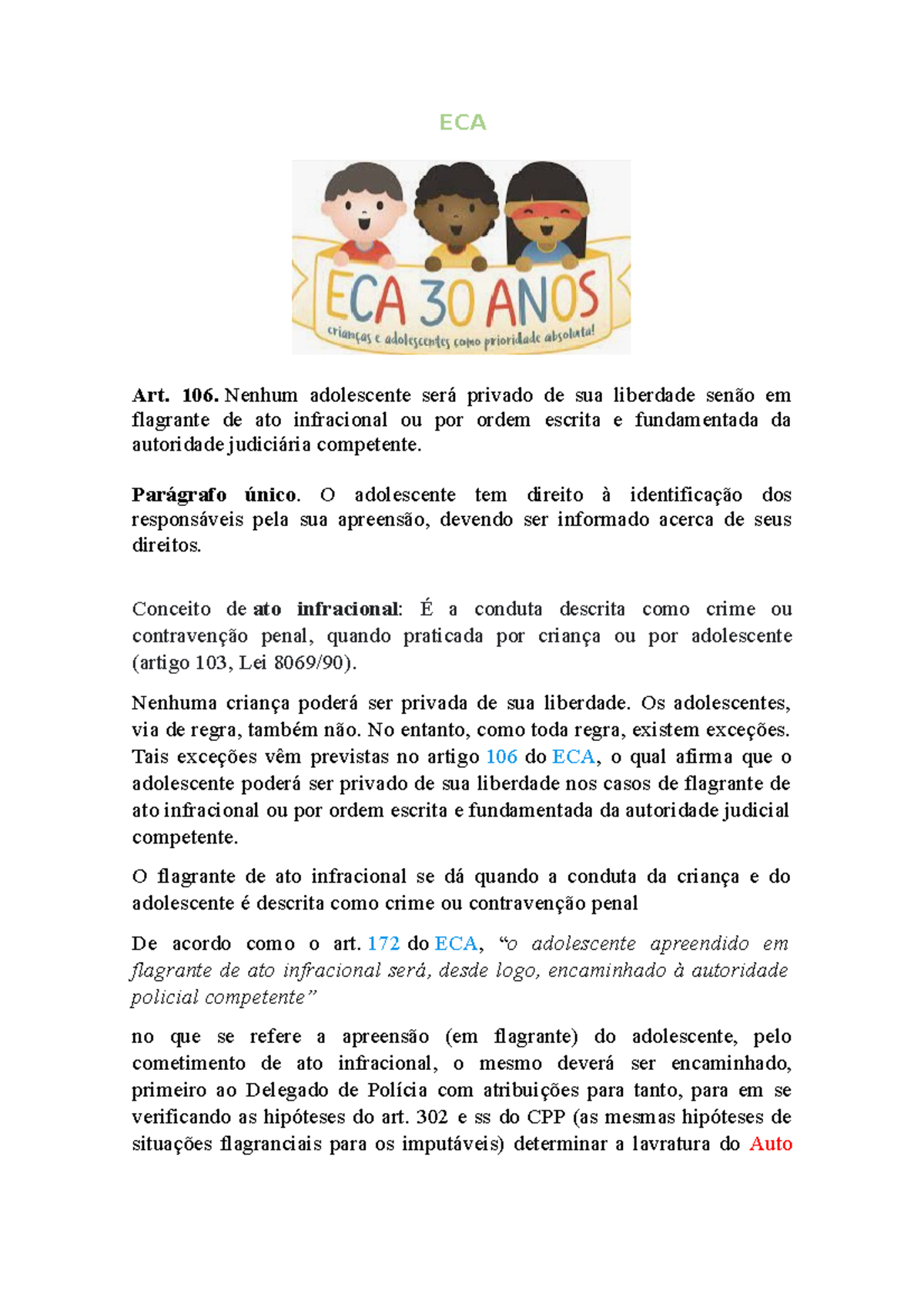 ECA - Resumo sobre o estatuto da criança e do Adolescente - ECA Art ...