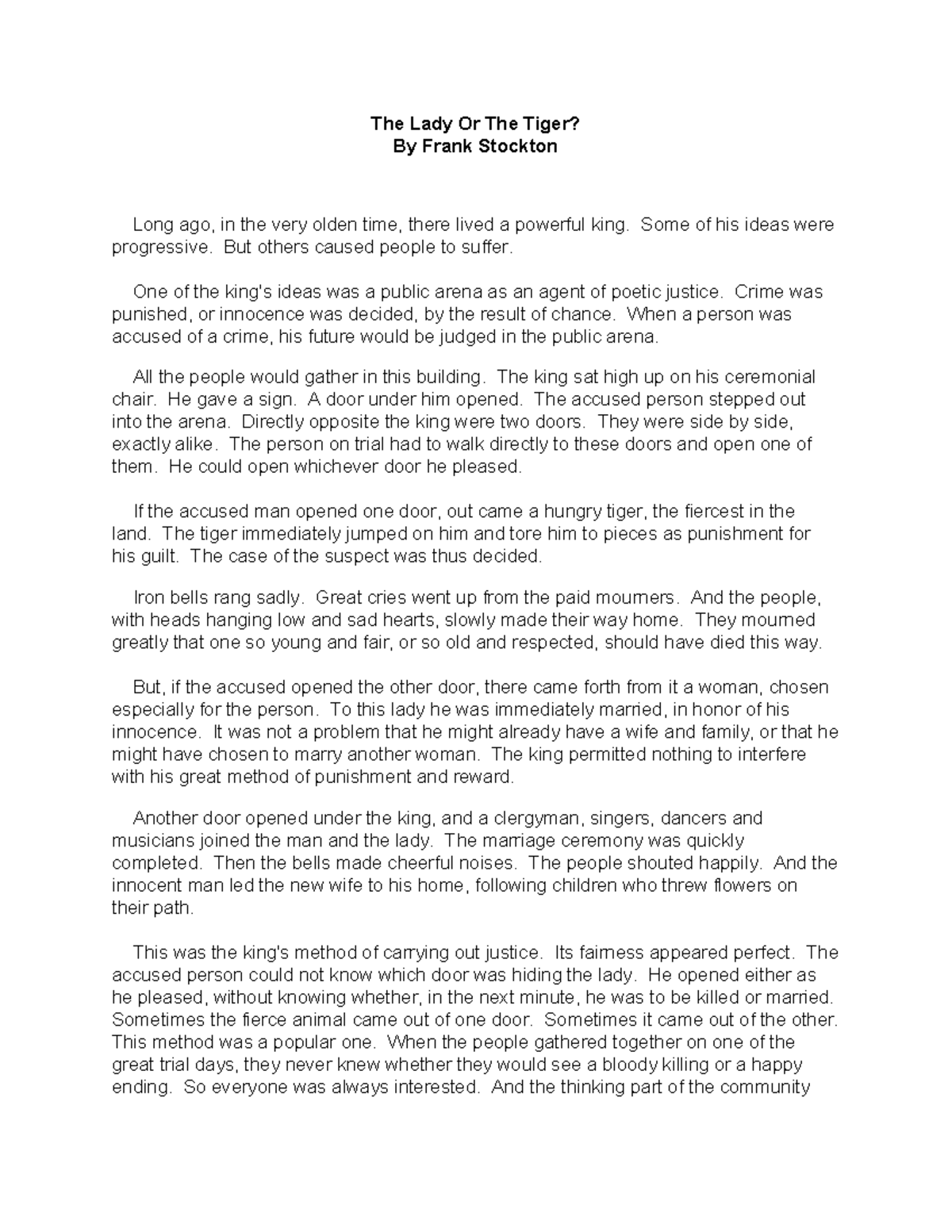 Lady or the Tiger, The (easy version) - The Lady Or The Tiger? By Frank ...