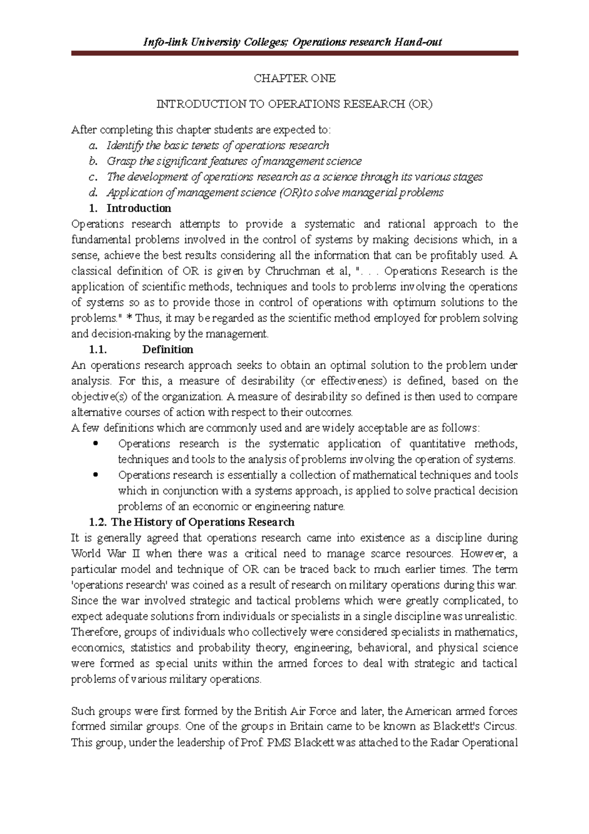 CH-1 OR - CHAPTER ONE INTRODUCTION TO OPERATIONS RESEARCH (OR) After ...