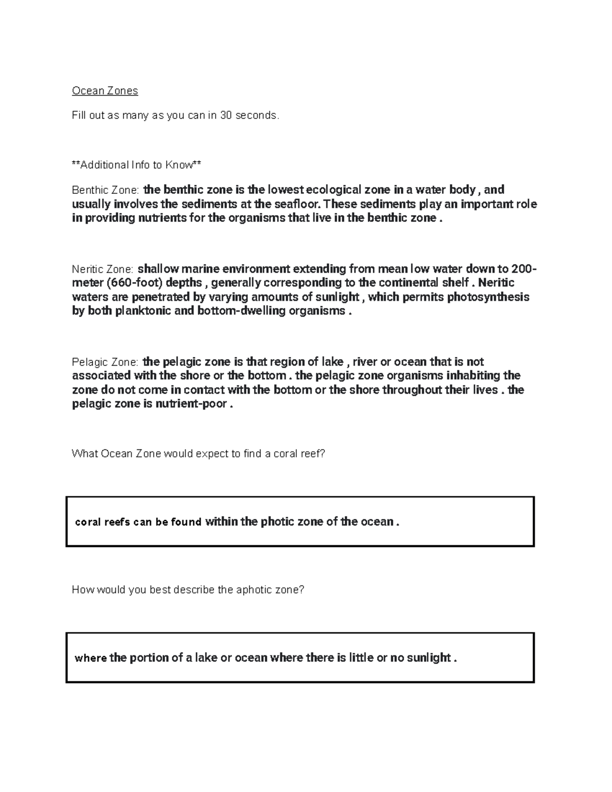 PMA Q2 worksheet assignment - Ocean Zones Fill out as many as you can ...