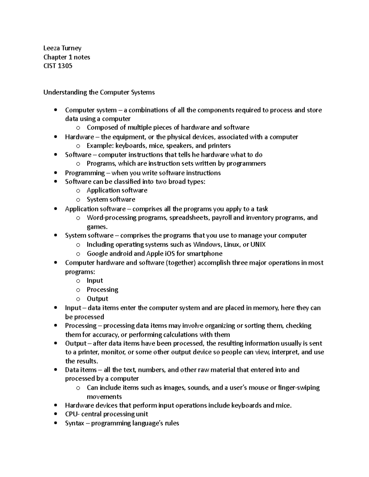 Module 1 Notes - Leeza Turney Chapter 1 notes CIST 1305 Understanding ...