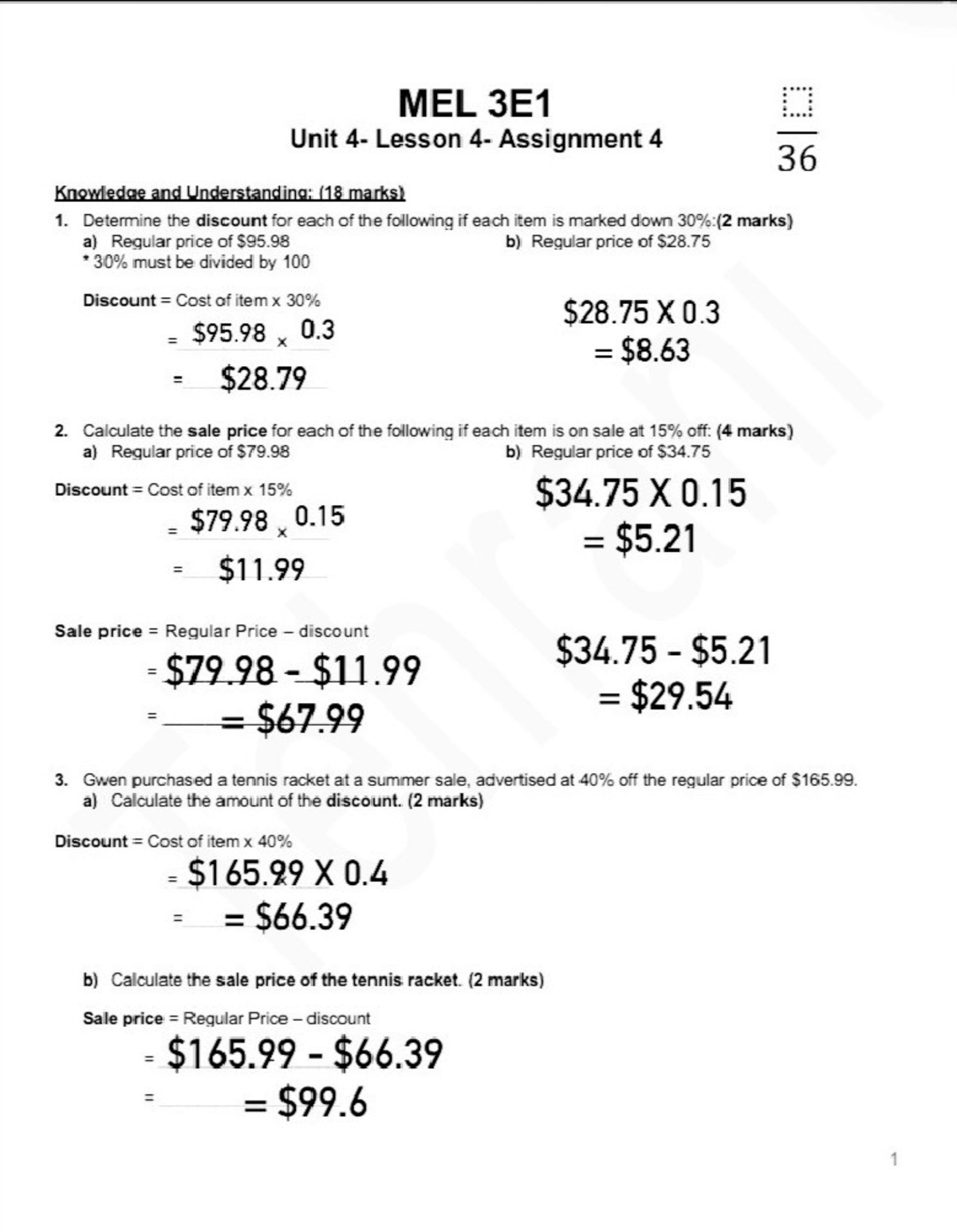 Math Assignment MEL 3E1 - MEL 3E Unit 4- Lesson 4- Assignment 4 36 ...