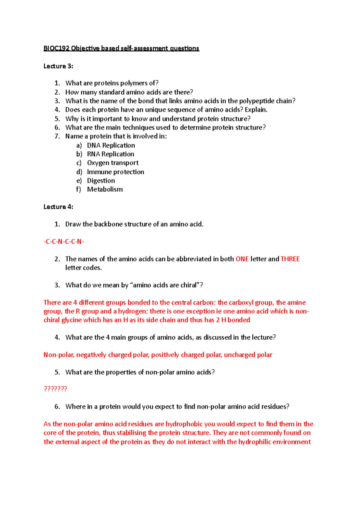 BIOC Objective based self assessment questions - BIOC192 Objective ...