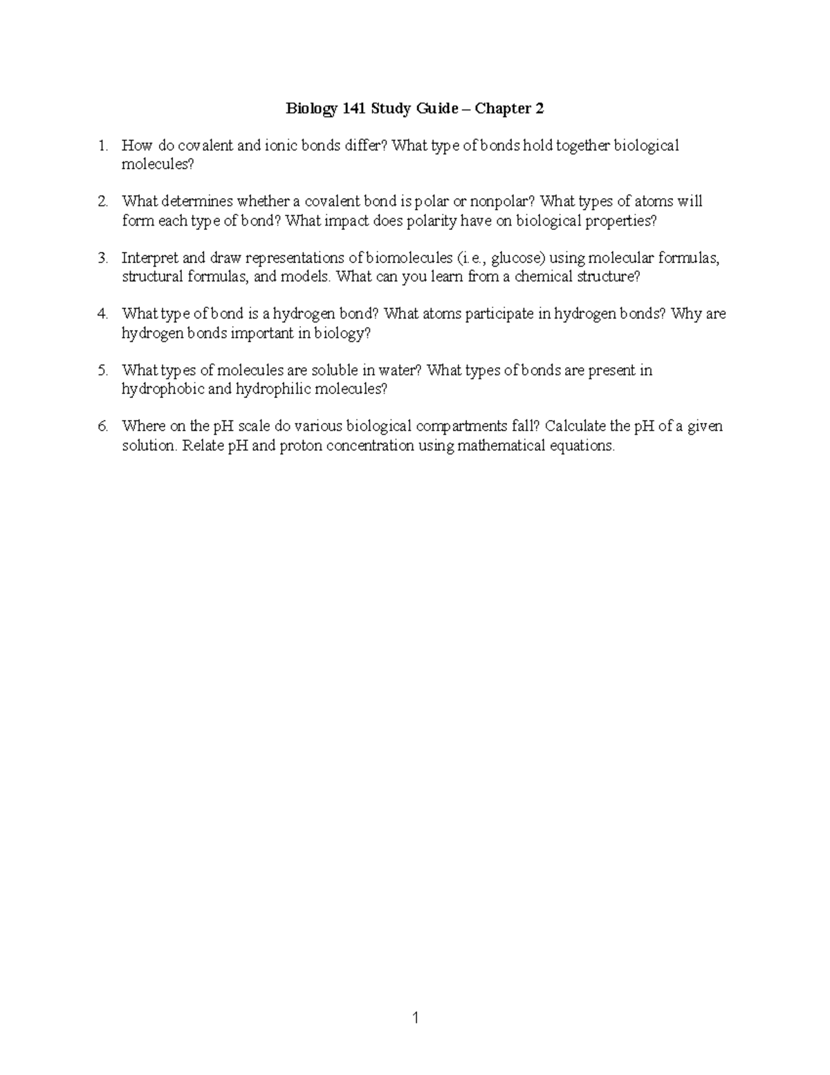 Ch 02 Study Guide - Biology 141 Study Guide – Chapter 2 How do covalent ...