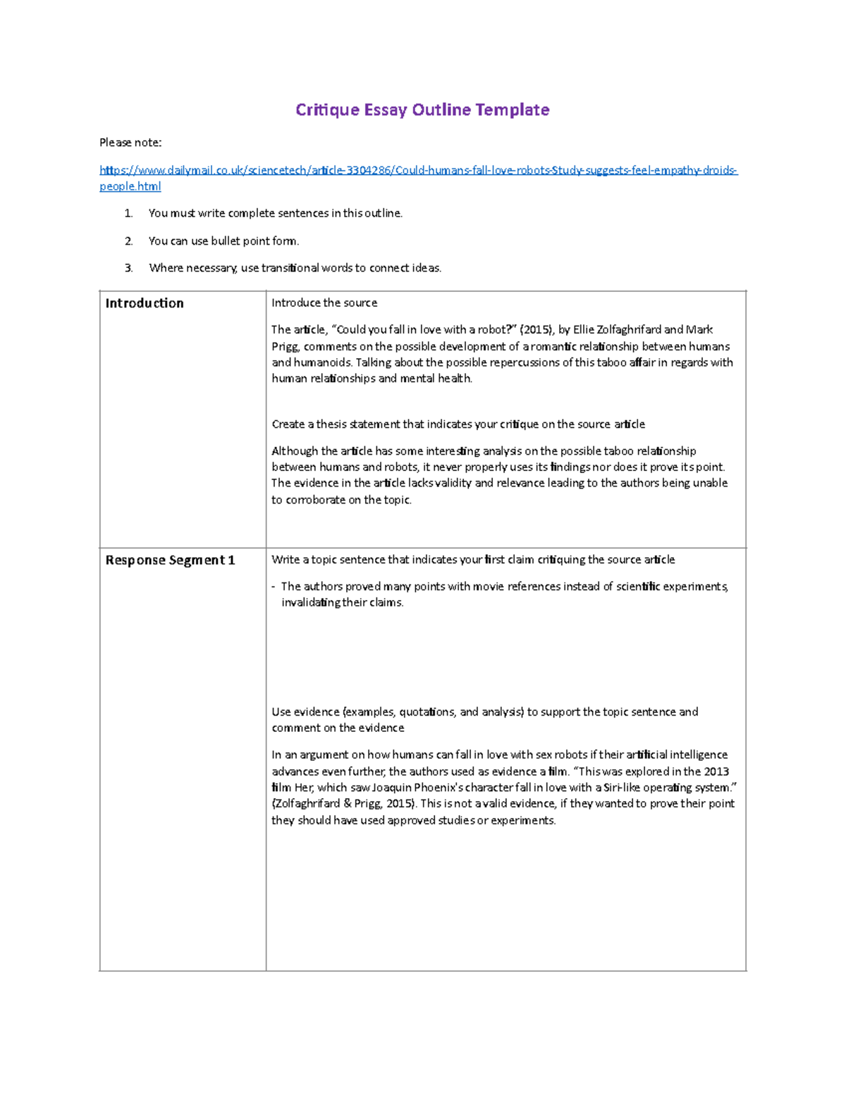 Critique Essay Outline Template - Cri$que Essay Outline Template Please ...