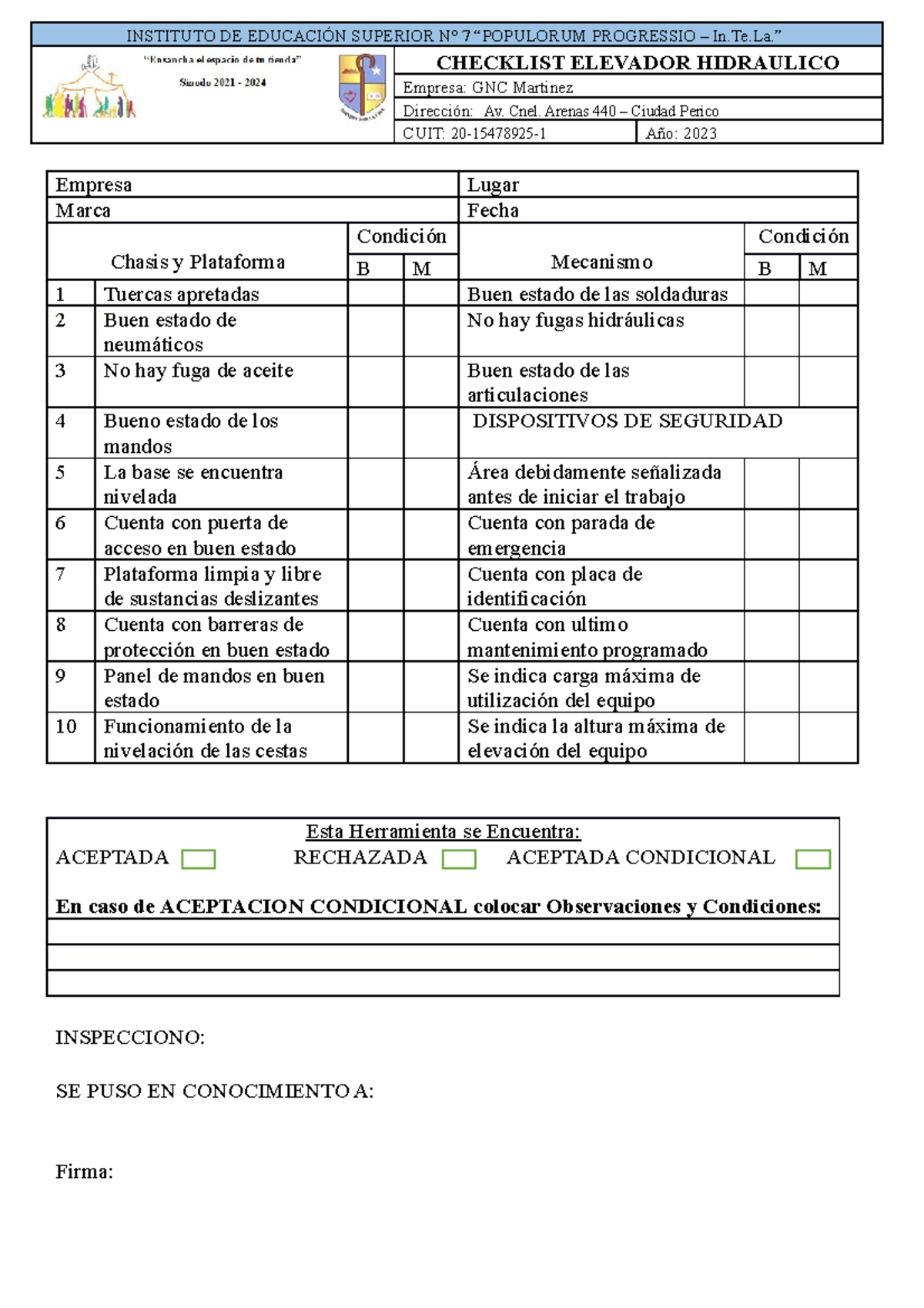 Checklist elevador Hidraulico - INSTITUTO DE EDUCACIÓN SUPERIOR N° 7 ...