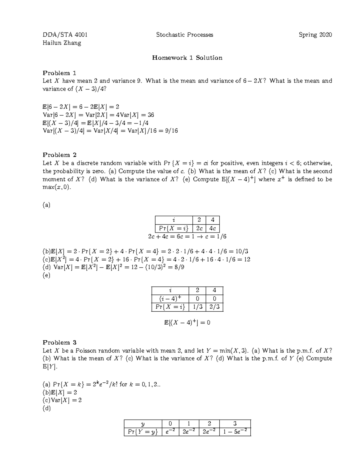 Hmwk1 solution - Assignment 1 - DDA/STA 4001 Stochastic Processes ...